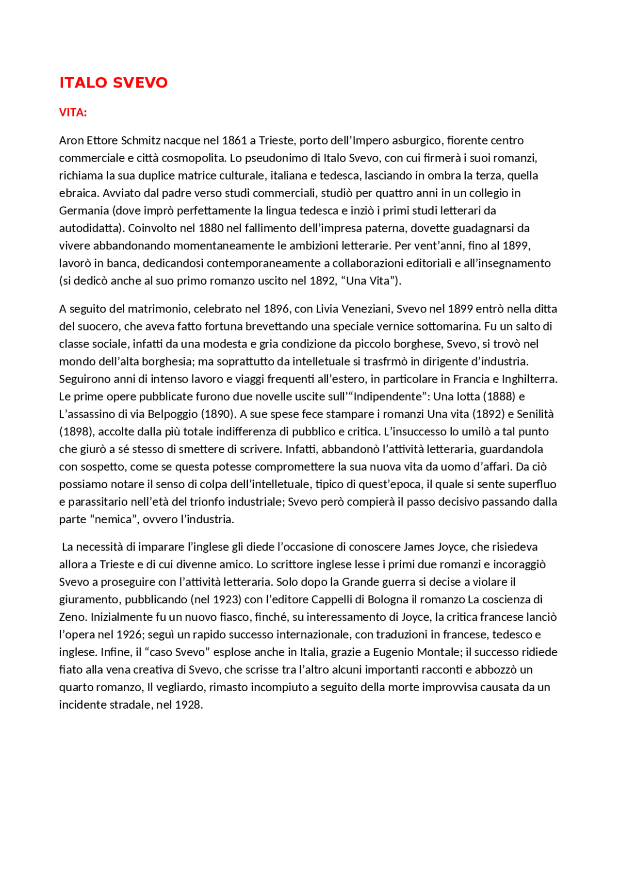 Italo Svevo vita e opere - Docsity