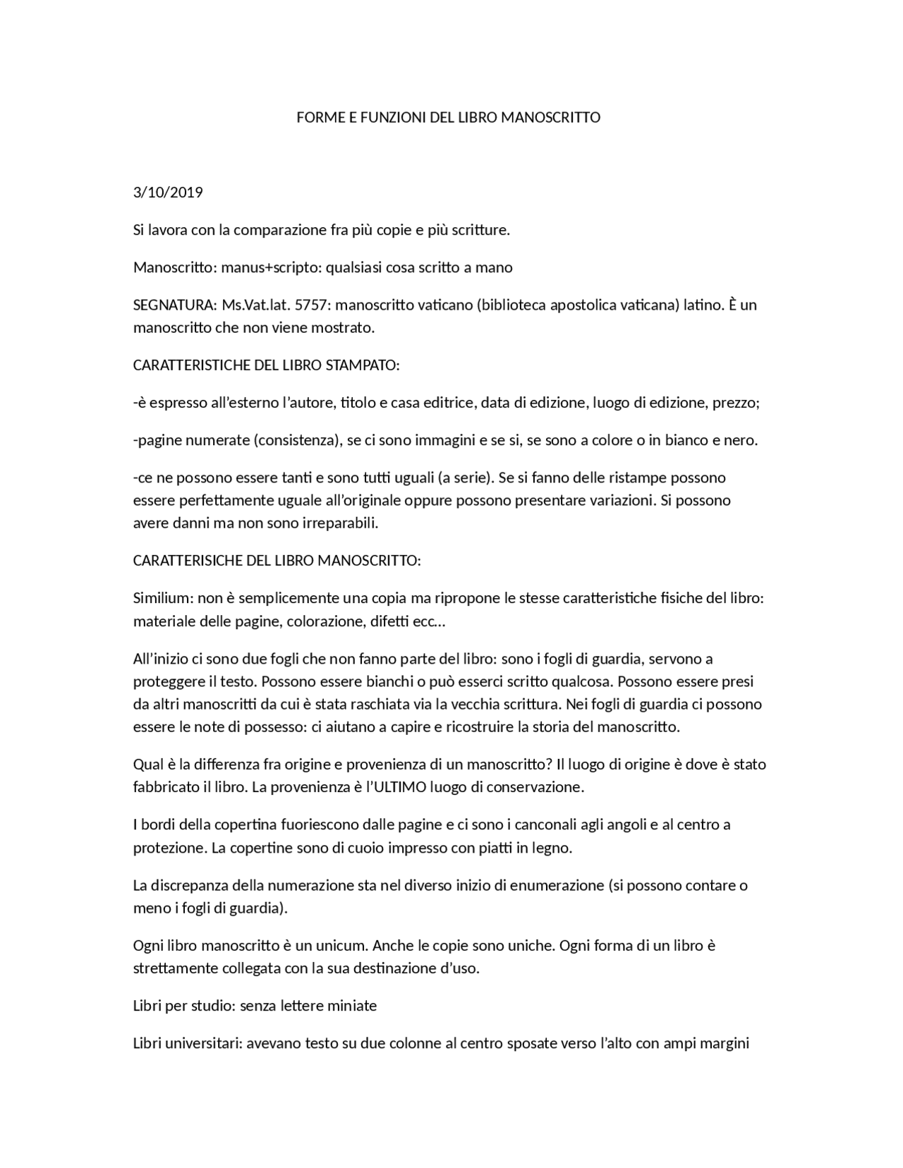 Forme E Funzioni Del Manoscritto Docsity