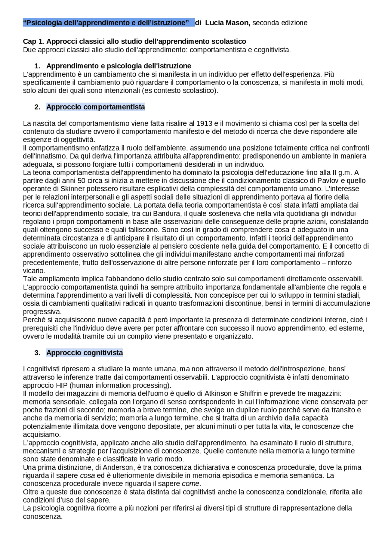 Psicologia Dellapprendimento E Dellistruzione Docsity