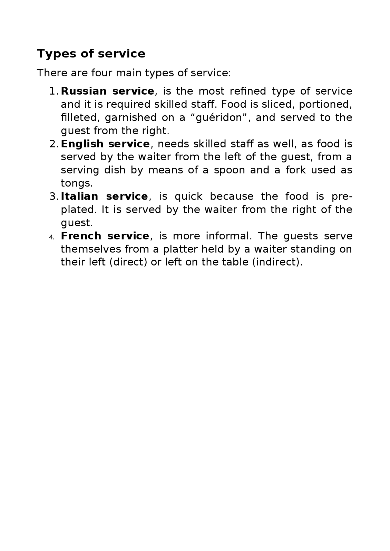Types of service english alberghiero - Docsity