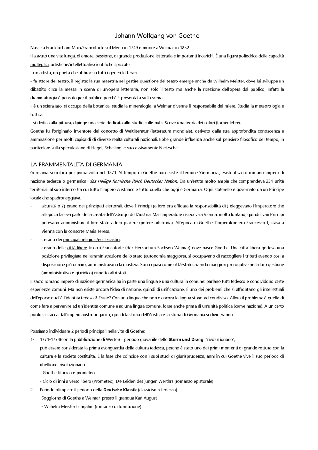 La vita di Goethe e il teatro nazionale - Docsity