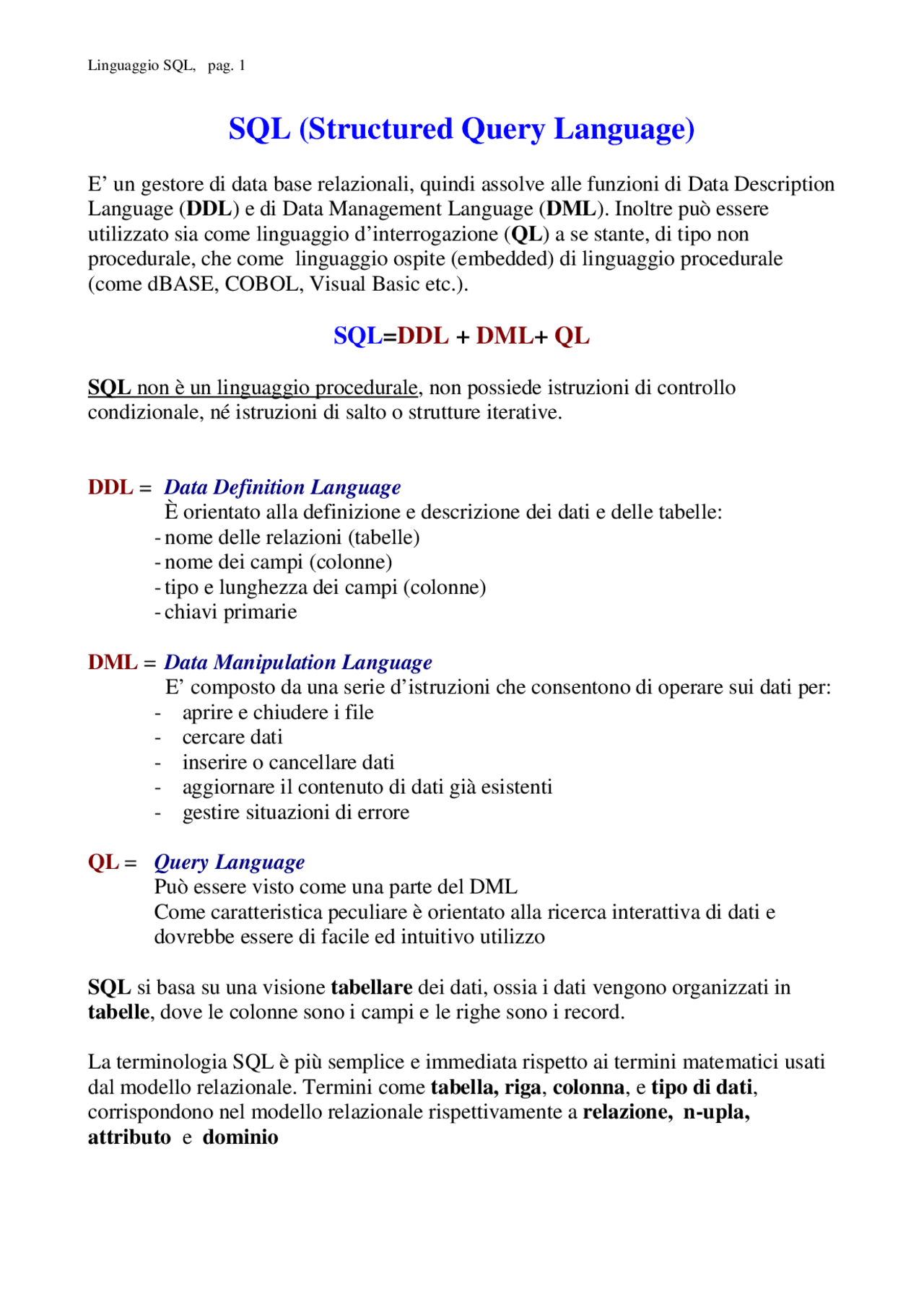 Linguaggio Informatica Sql Docsity
