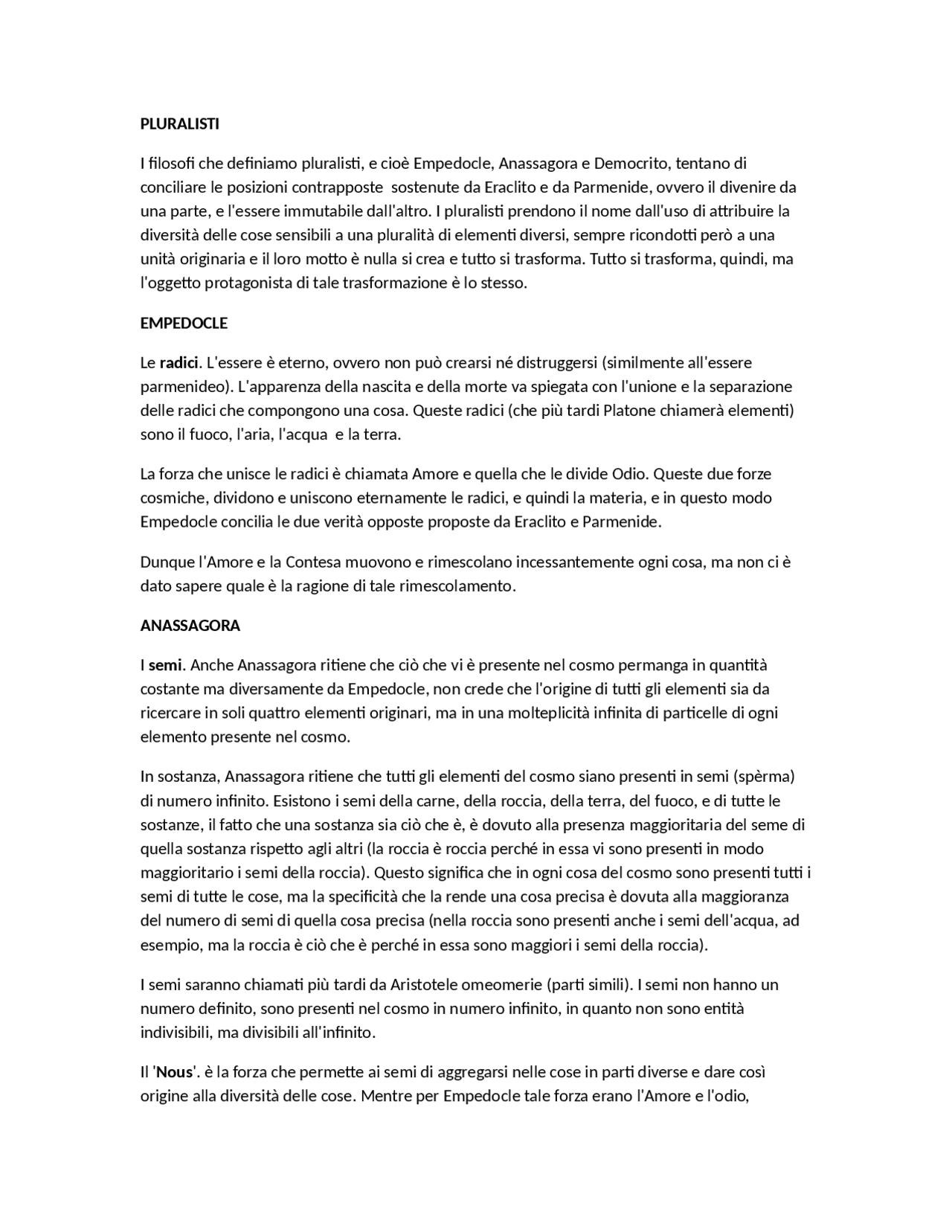 I Pluralisti Riassunto Docsity