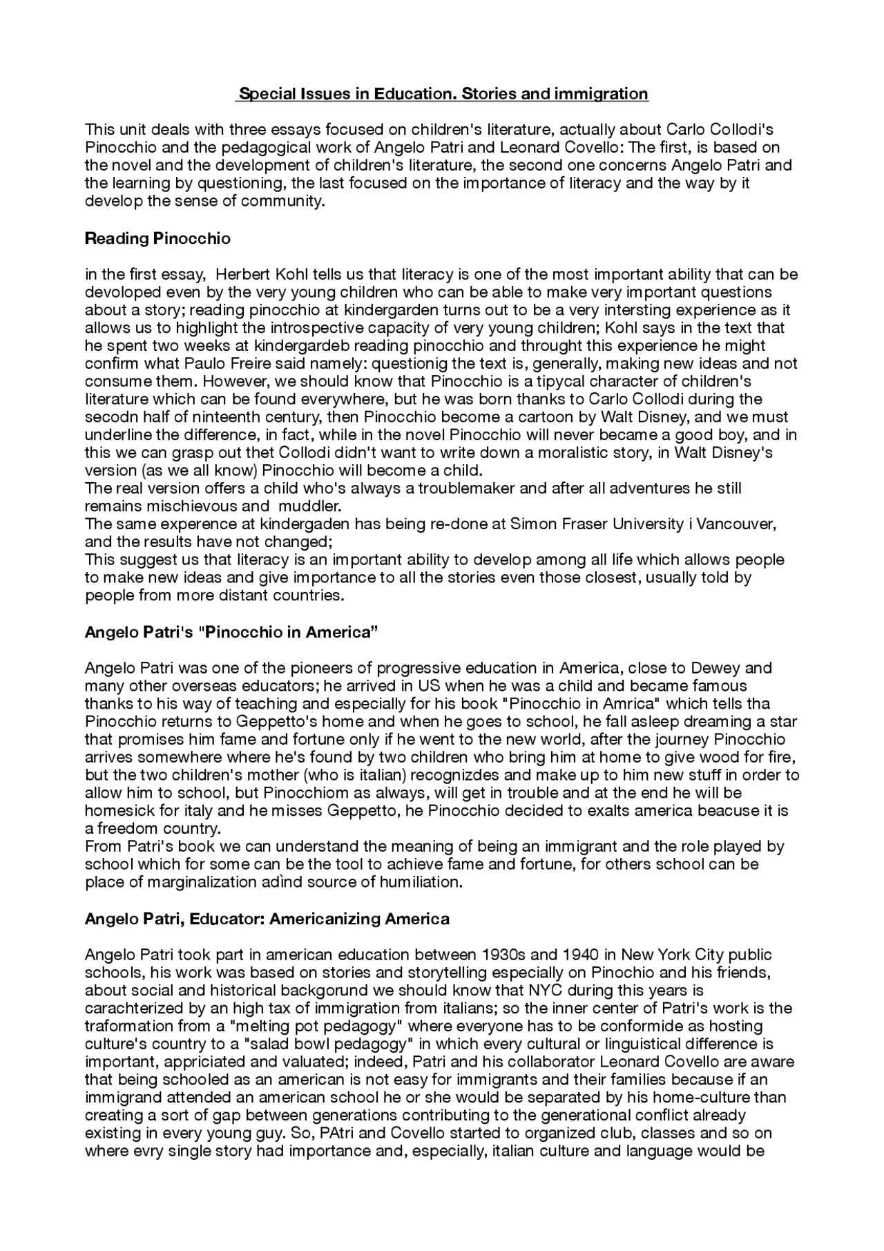 Angelo Patri Issues in education - Docsity