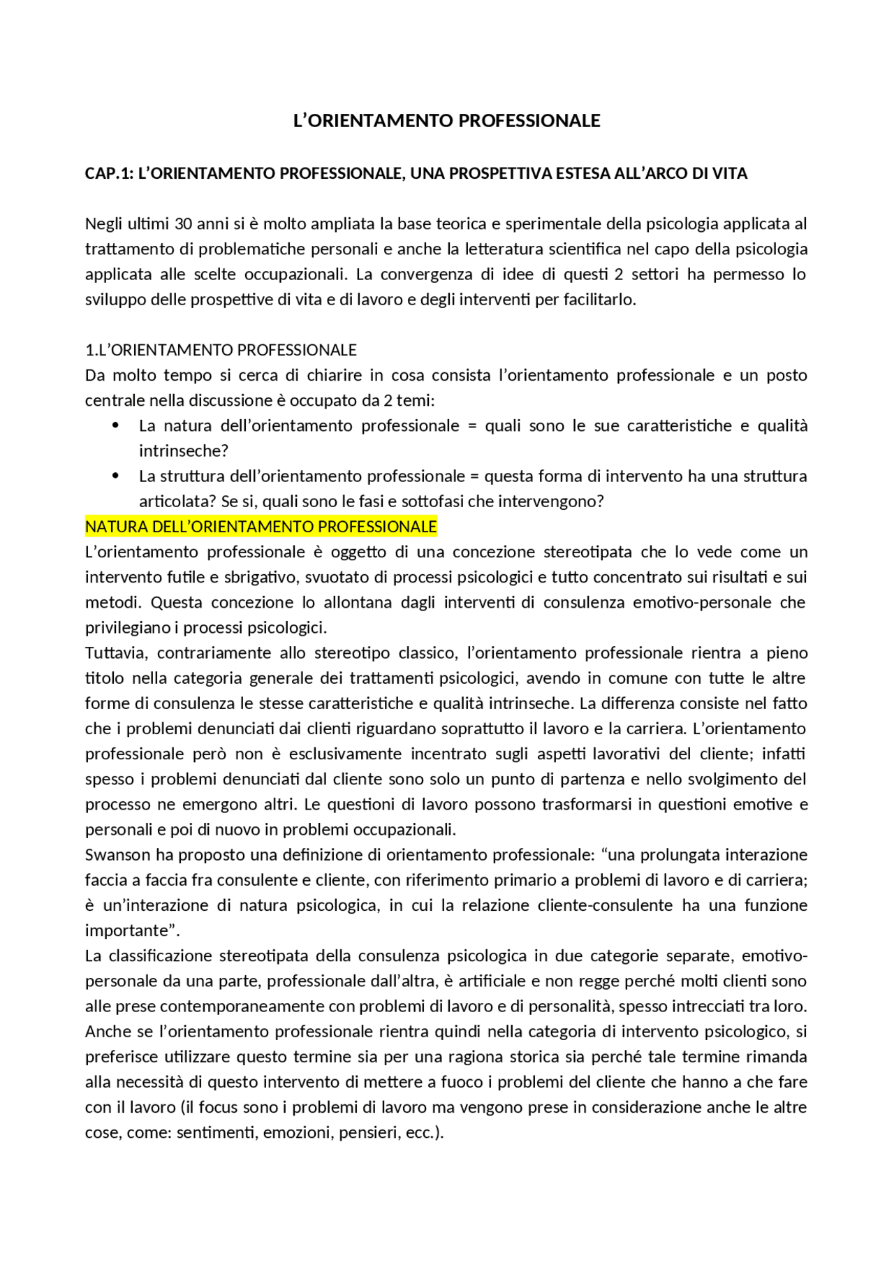 Riassunto l'orientamento professionale - Docsity