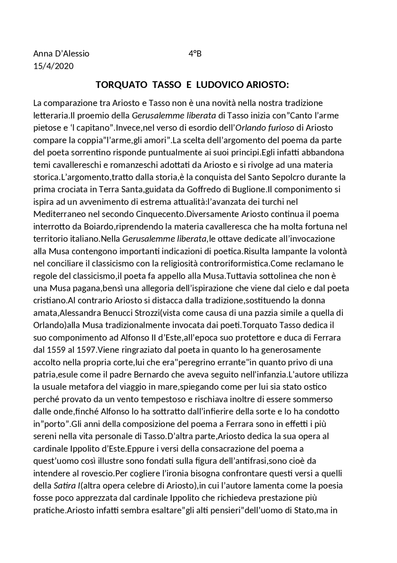 Ludovico Ariosto Vs Torquato Tasso Esercizi Di Italiano Docsity