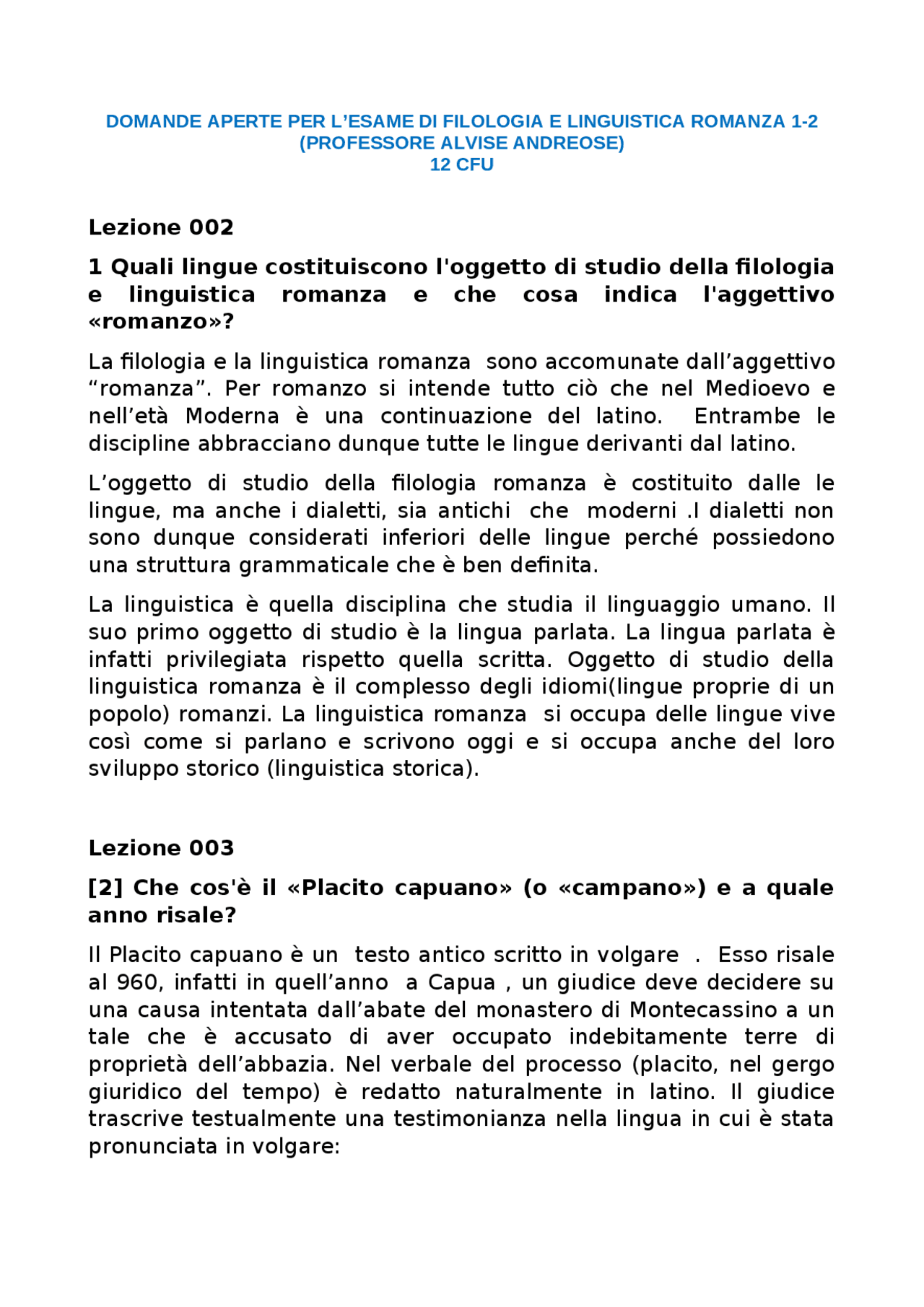 Domande Aperte Di Filologia Romanza 1 2 Ecampus Prof Andreose