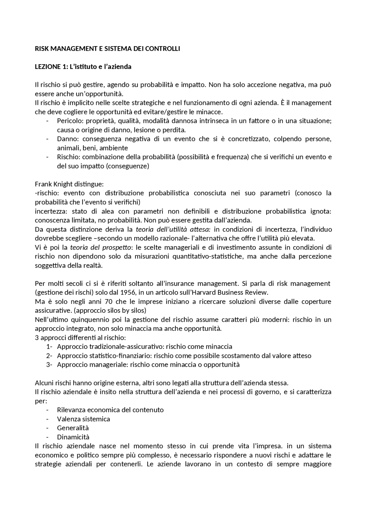 Risk Management E Sistema Dei Controlli Docsity