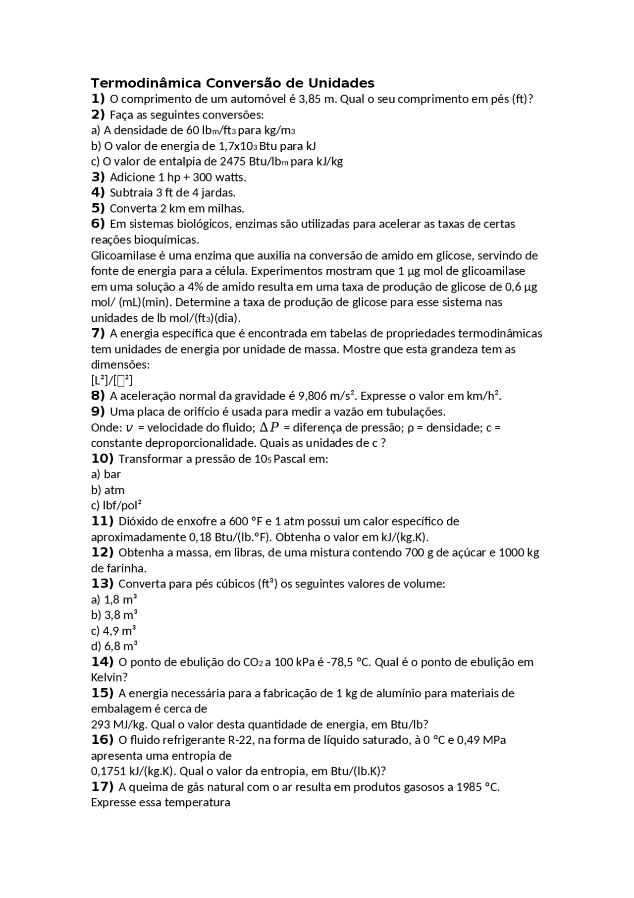 Termodinâmica Conversão De Unidades Exercises Thermodynamics Docsity