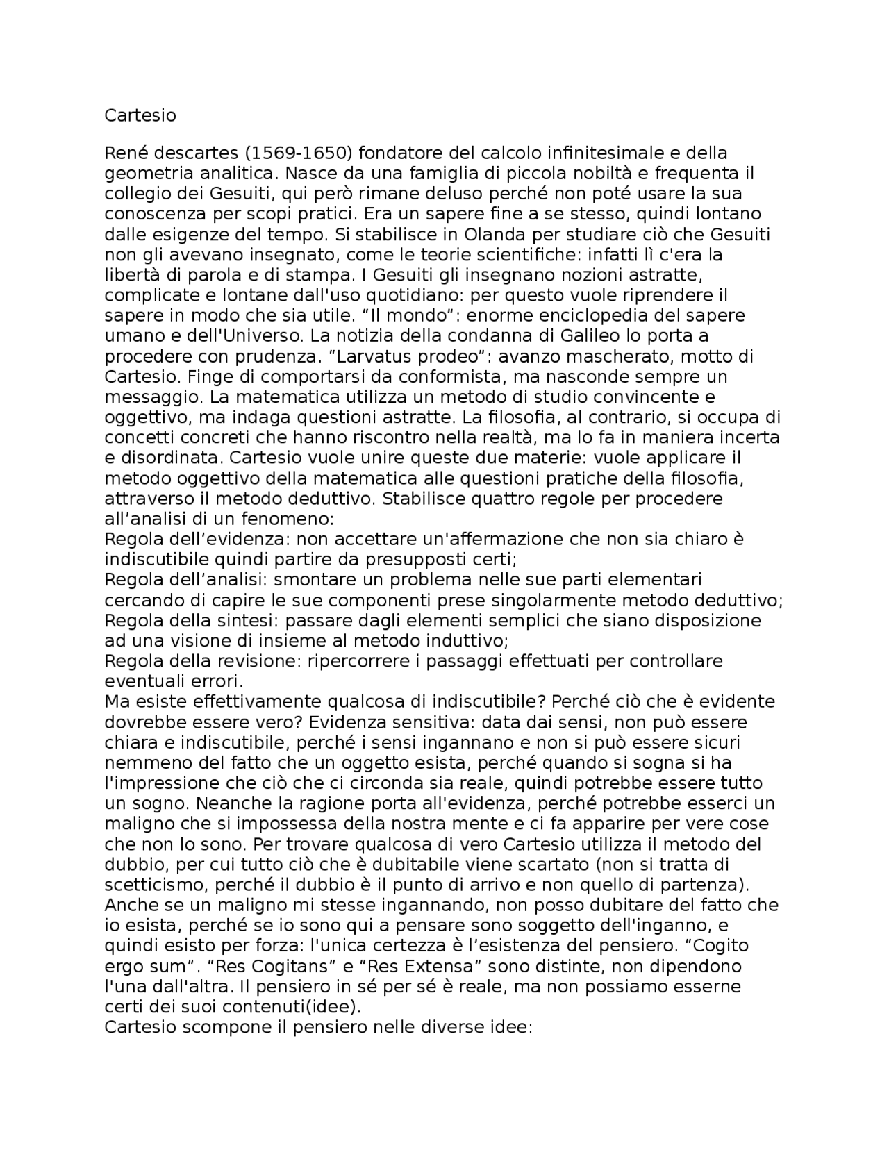 Riassunto Teorie Di Cartesio Docsity