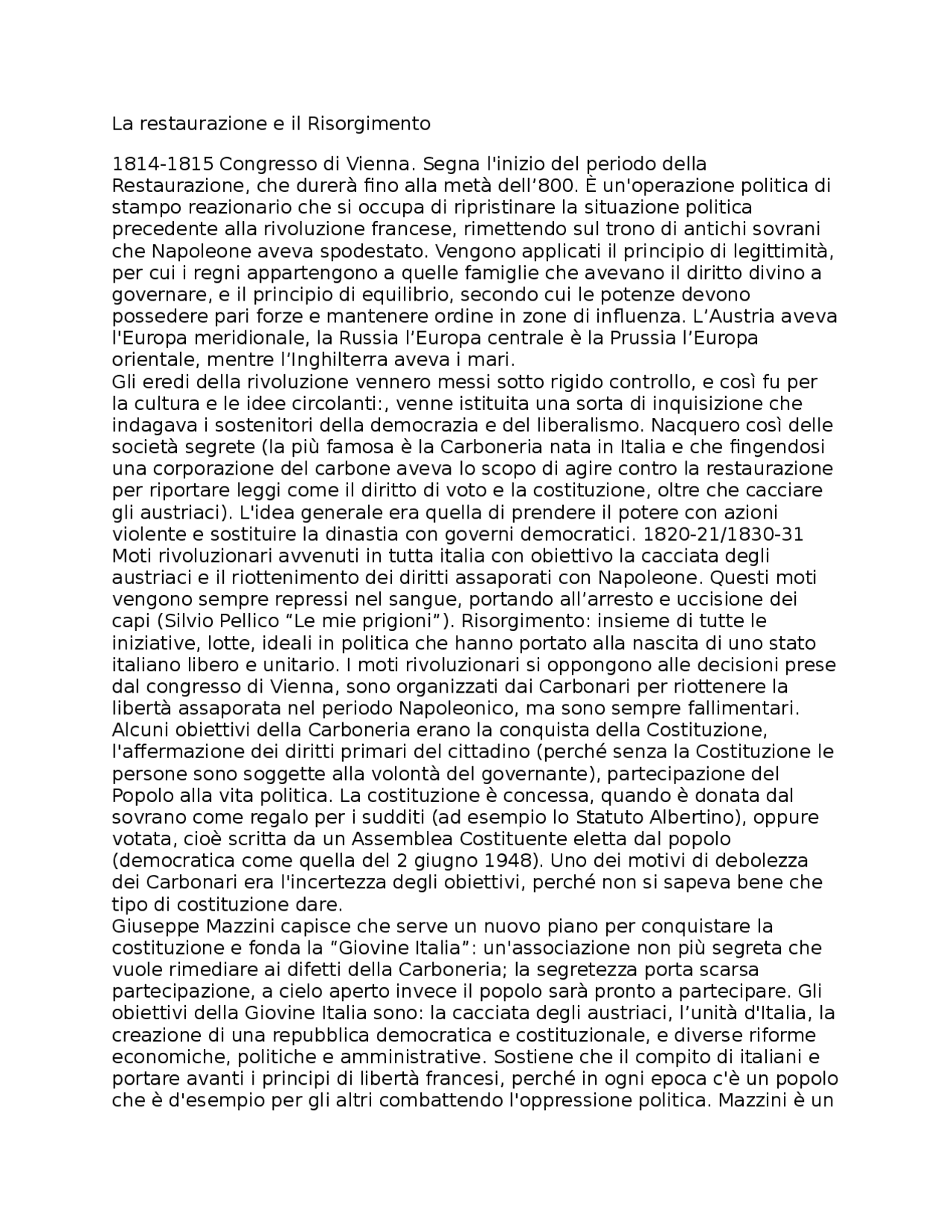 Riassunto Restaurazione e Risorgimento Storia - Docsity