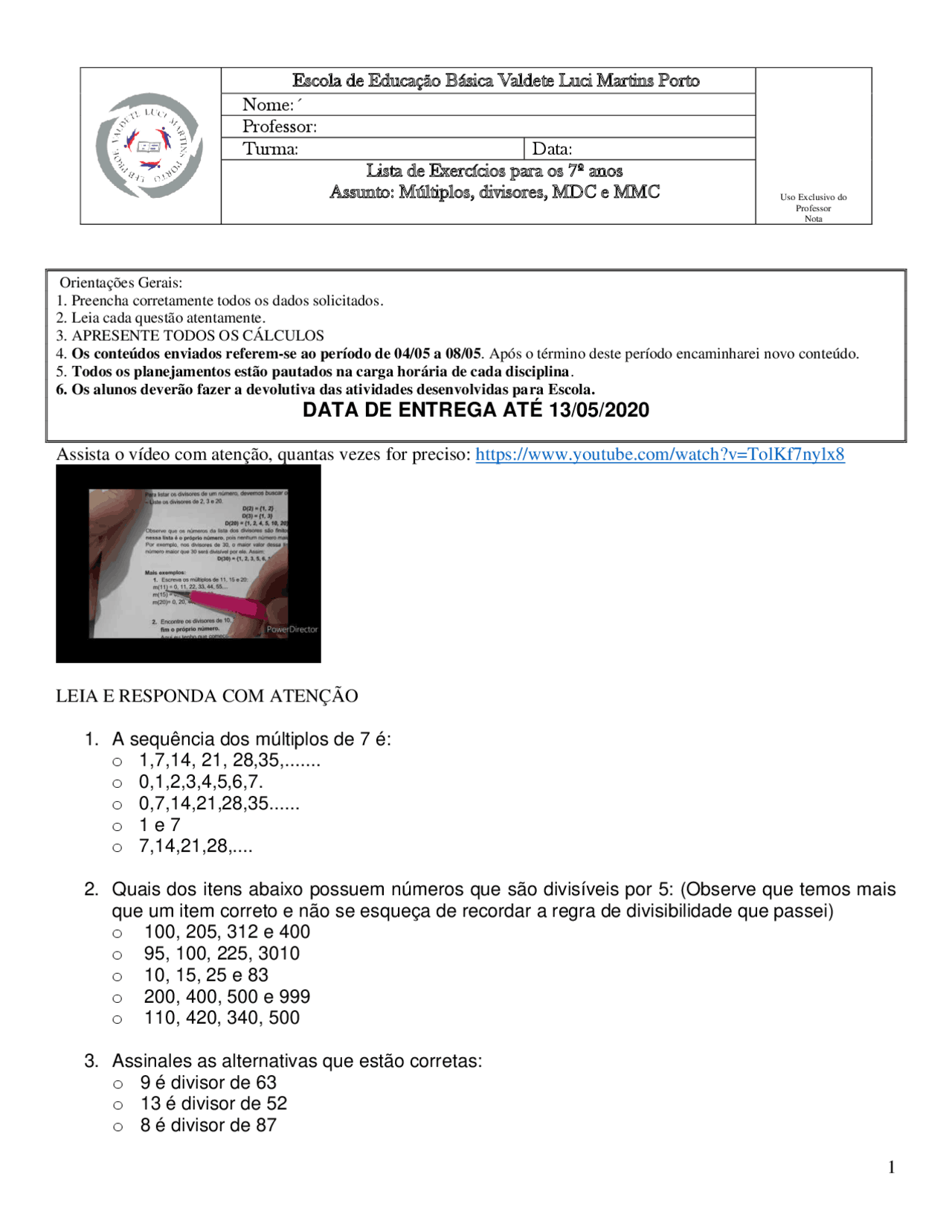 Exercício Sobre Múltiplos E Divisores Docsity