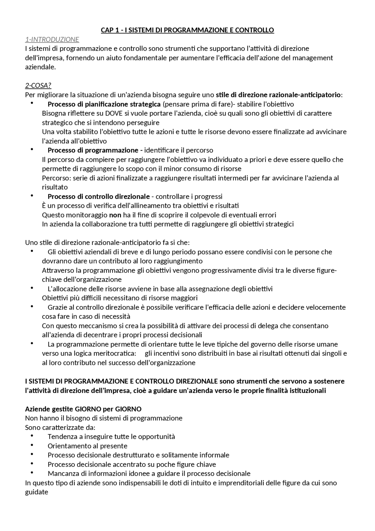 Appunti Programmazione E Controllo Riassunto Parti Libro Docsity