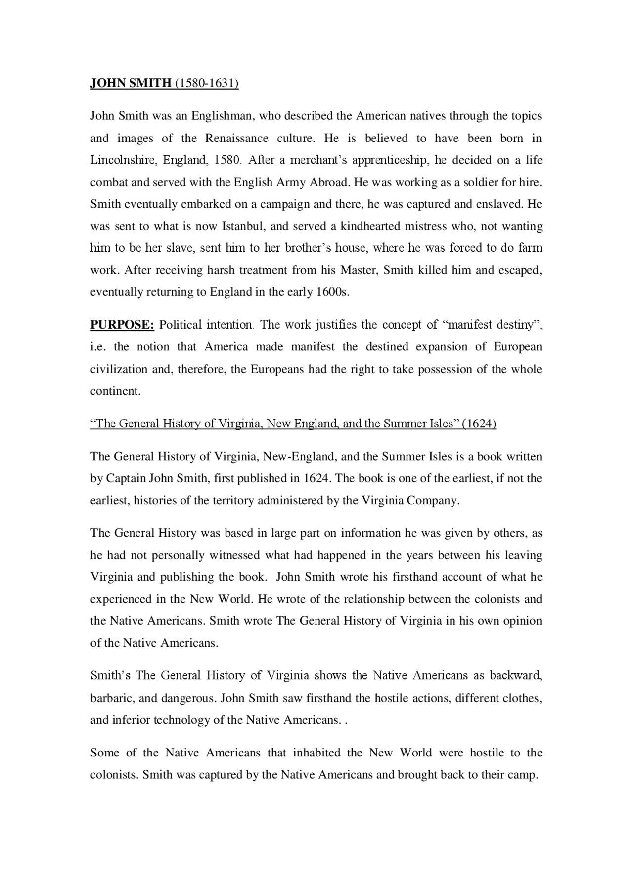 John Smith- The General History of Virginia - Docsity