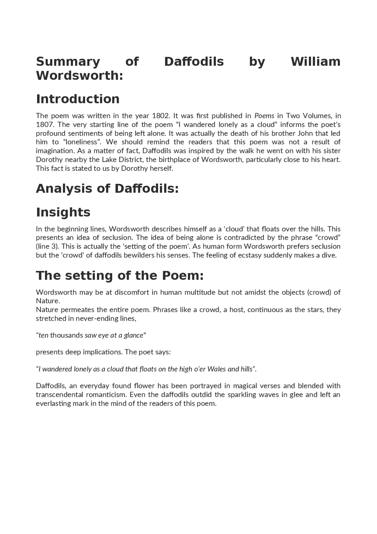 Daffodils By William Wordsworth Docsity