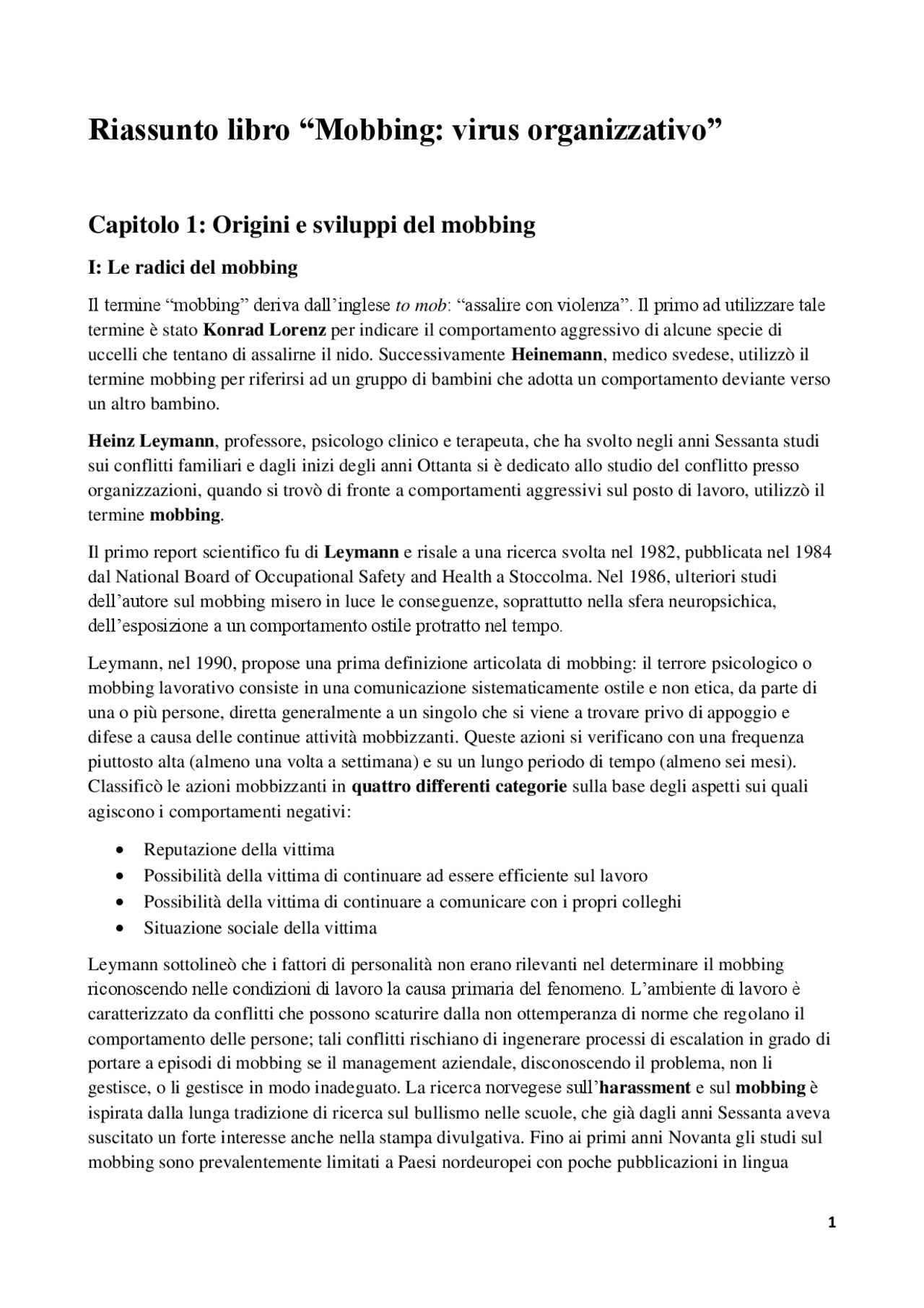 Riassunto Libro Mobbing Virus Organizzativo Docsity