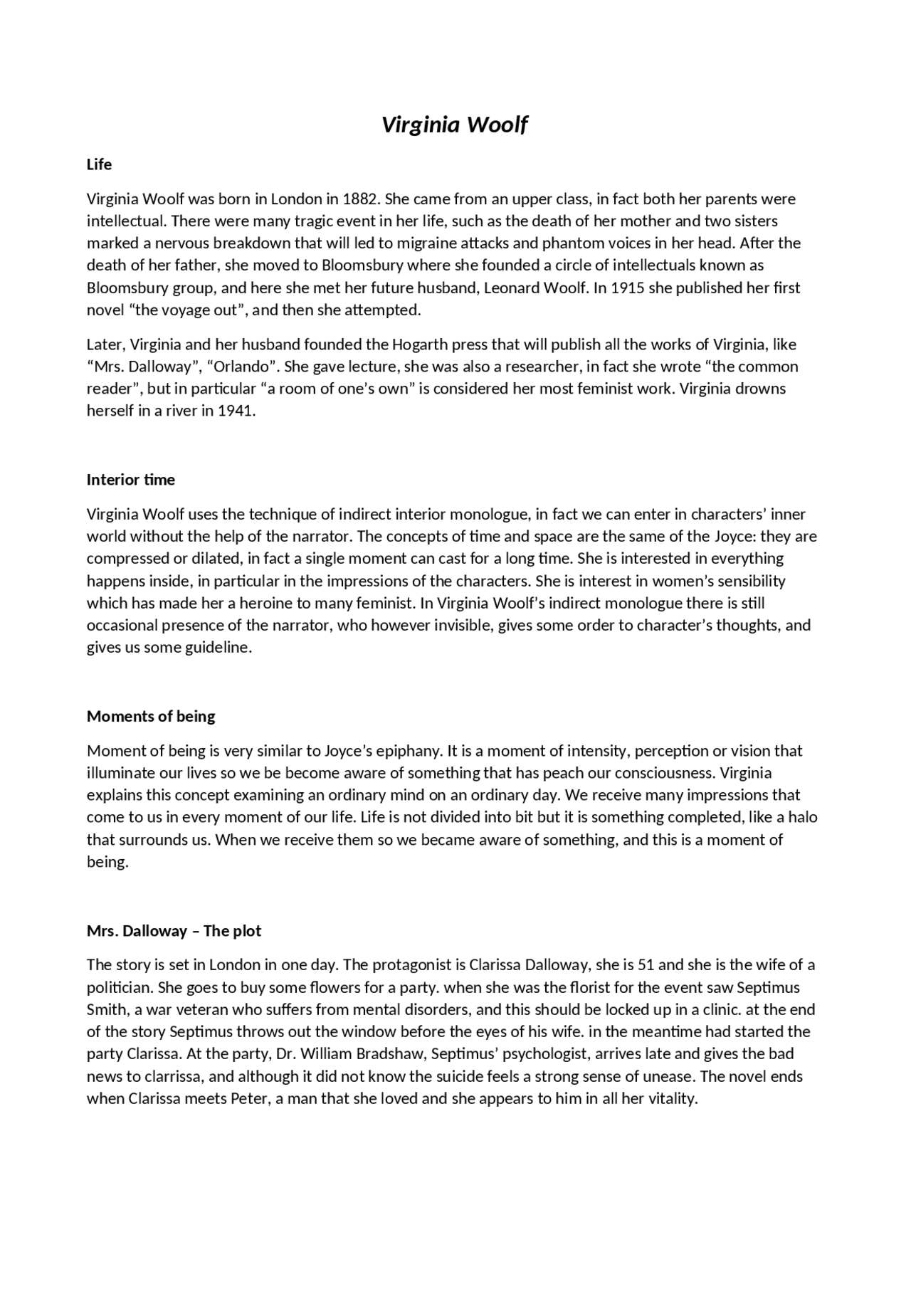 Virginia Woolf Summary Docsity