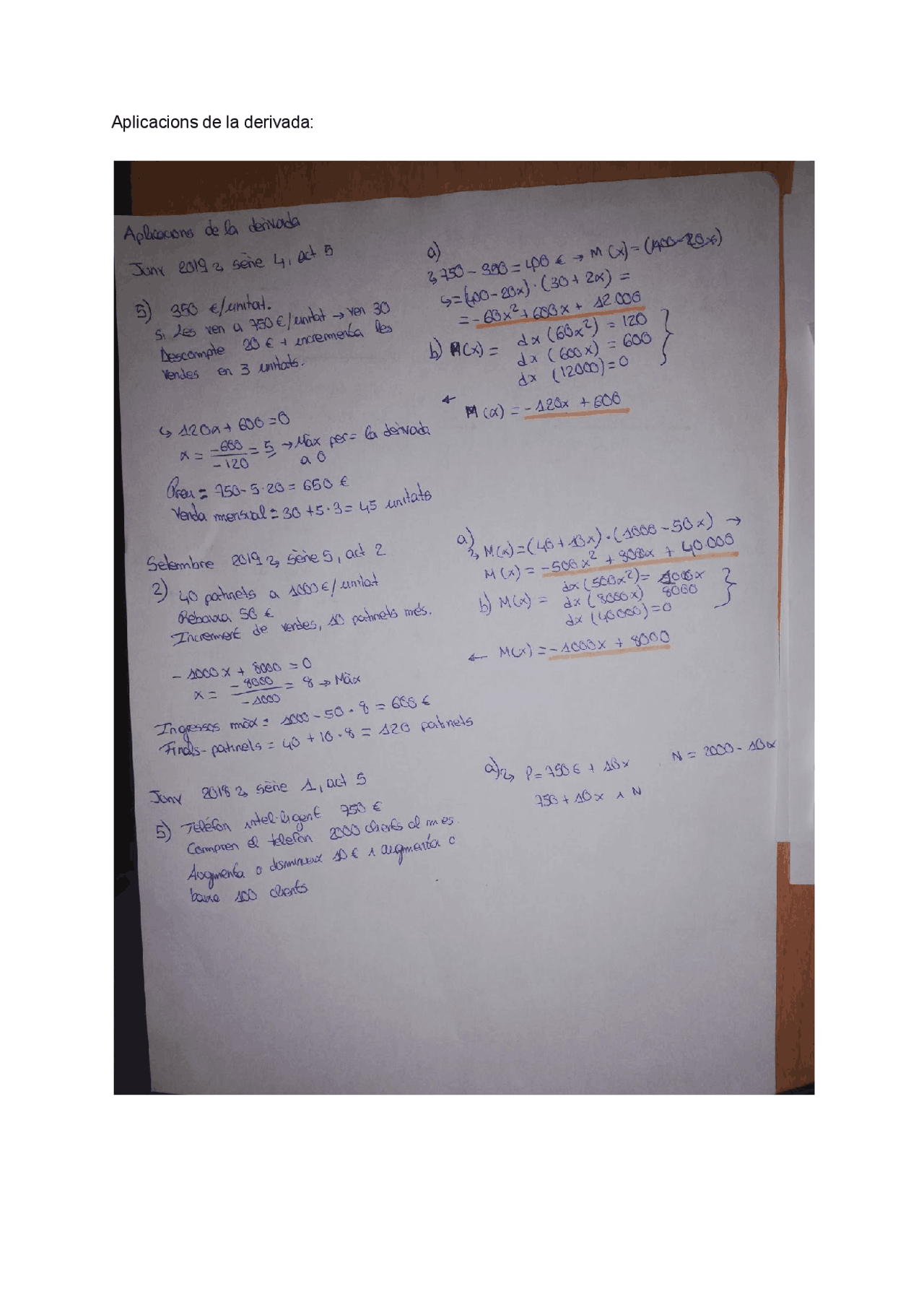 Exercicis Aplicacions De La Derivada Docsity
