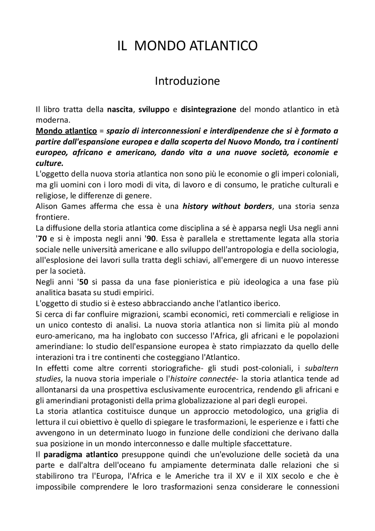 Il mondo atlantico, una storia senza confini - Docsity