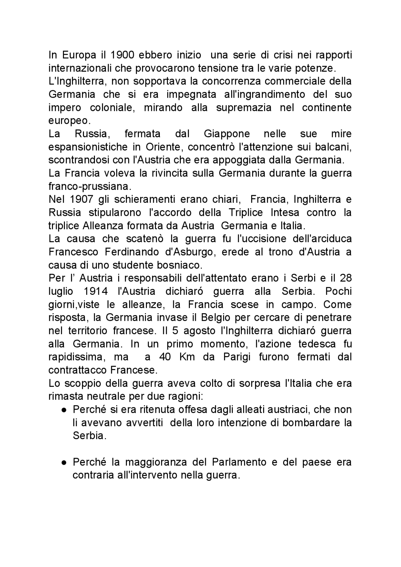 Prima Guerra Mondiale Docsity