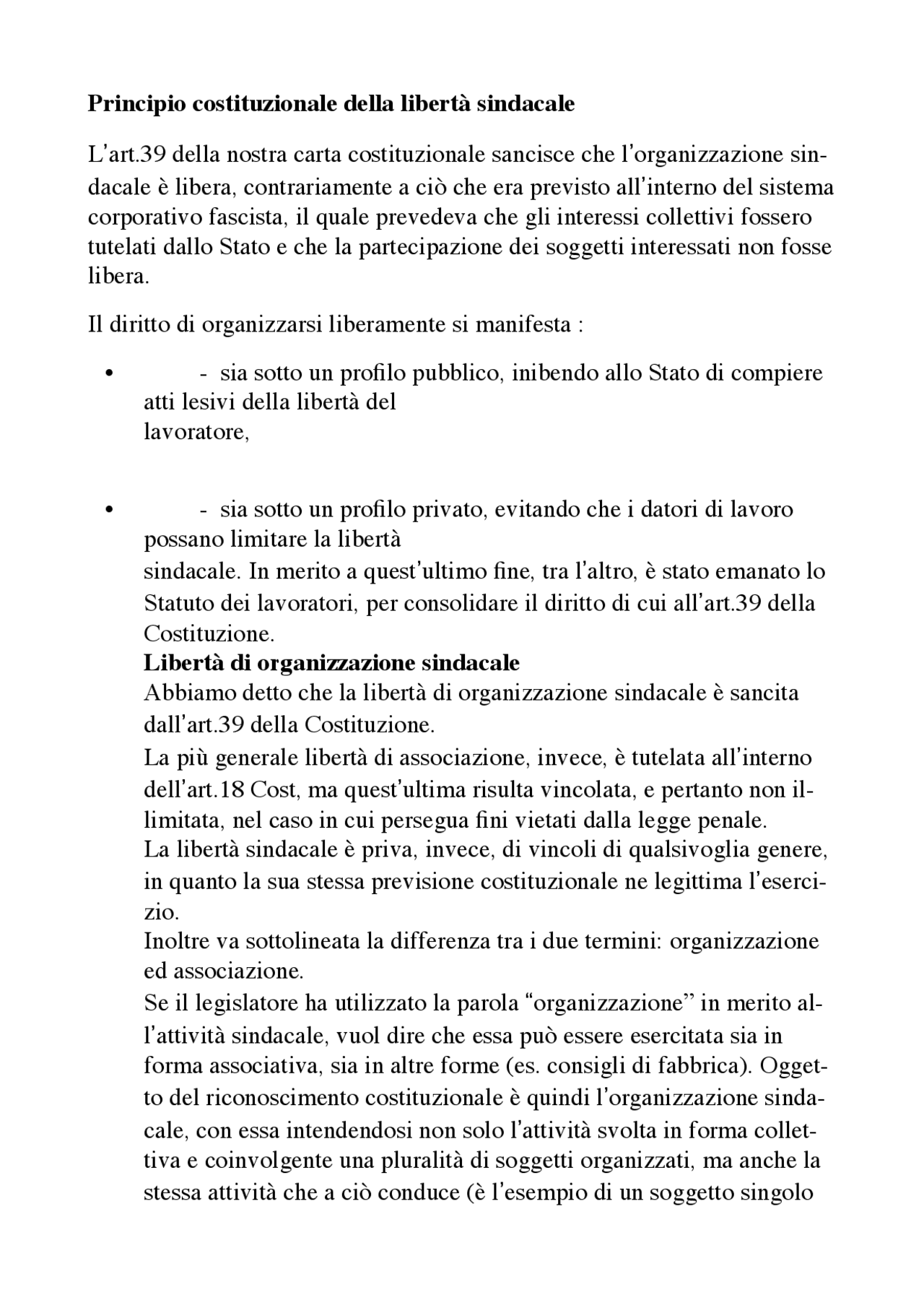 Liberta Sindacali Riassunto Docsity