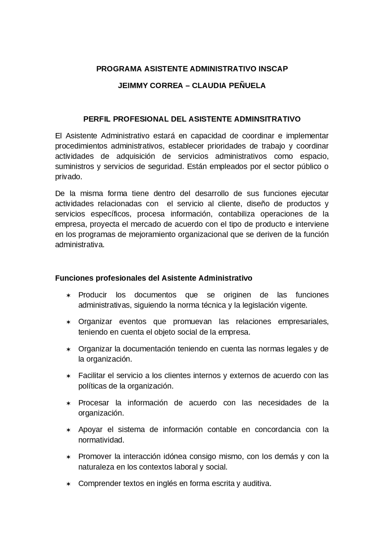 Perfil profesional asistente administrativo - Docsity