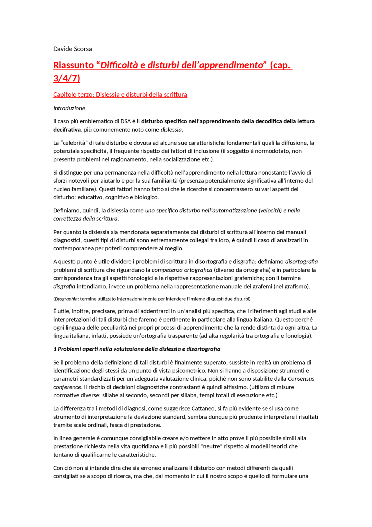 Riassunto Difficoltà E Disturbi Dellapprendimento Cornoldi Docsity