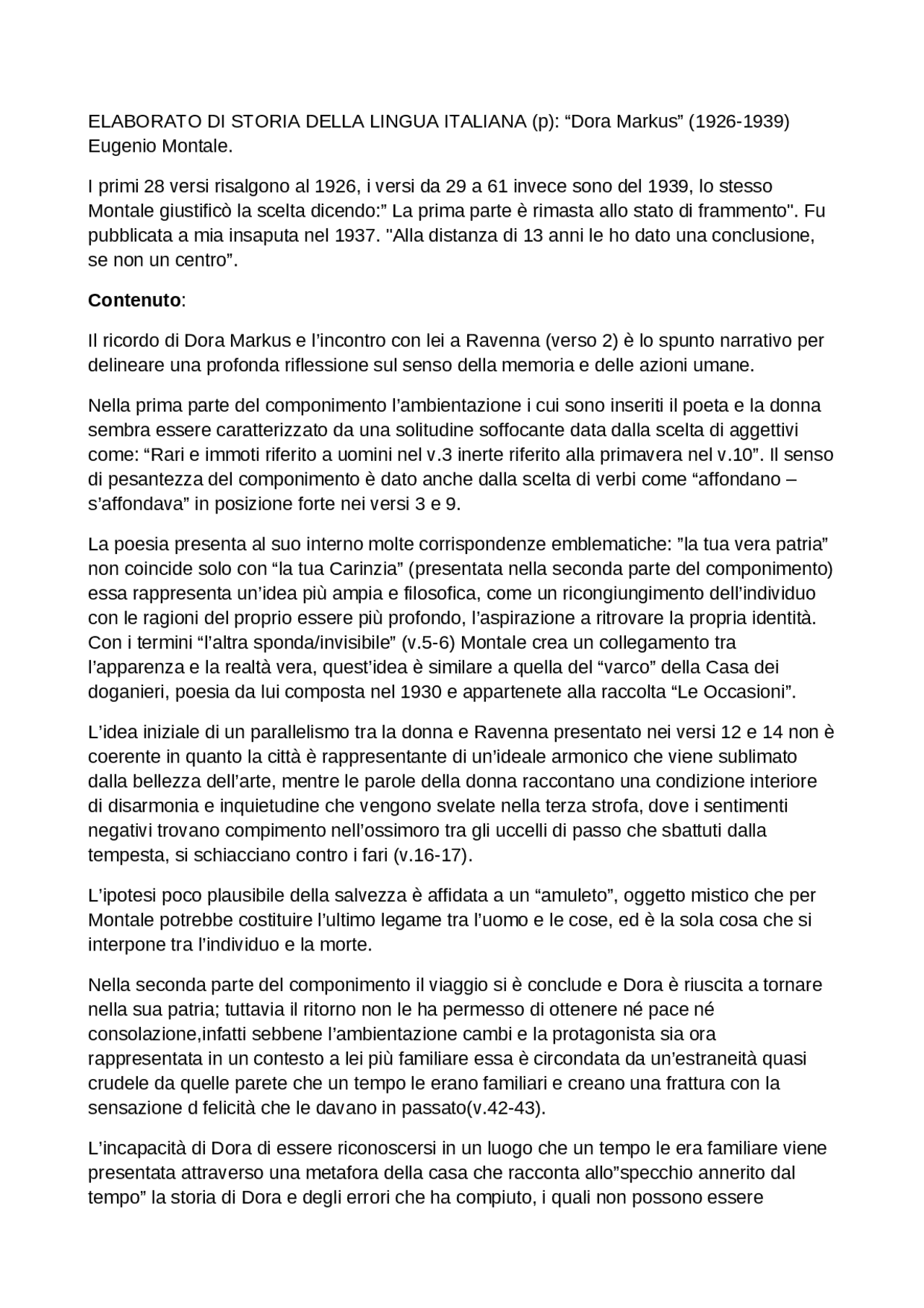 ELABORATO SU DORA MARCUS - Docsity