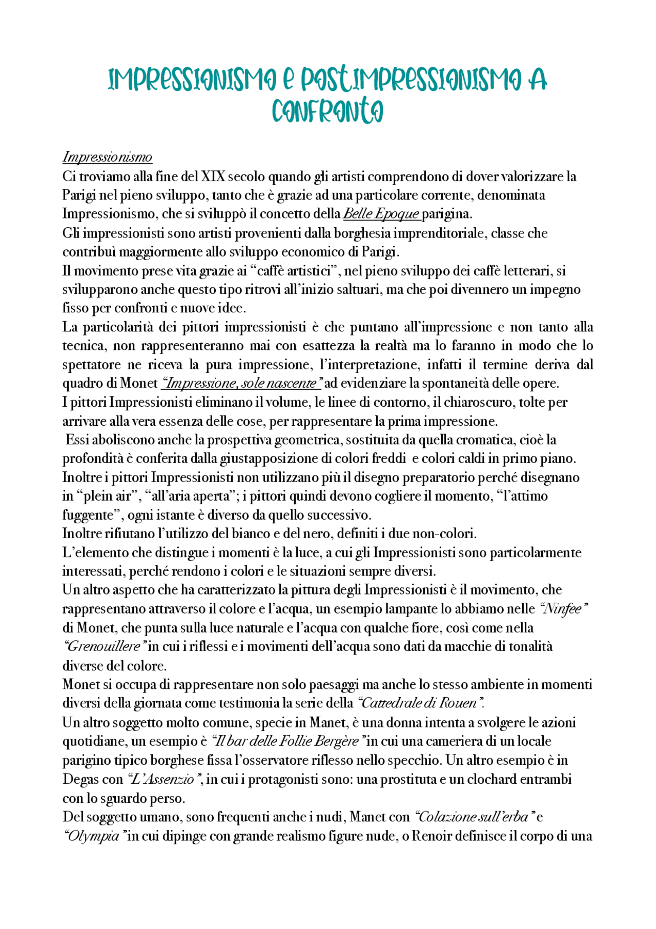 Impressionismo E Postimpressionismo Schemi E Mappe Concettuali Di