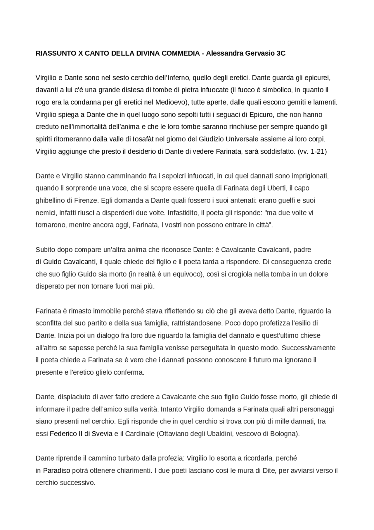 Riassunto del 10° canto di Dante (Inferno) - Docsity