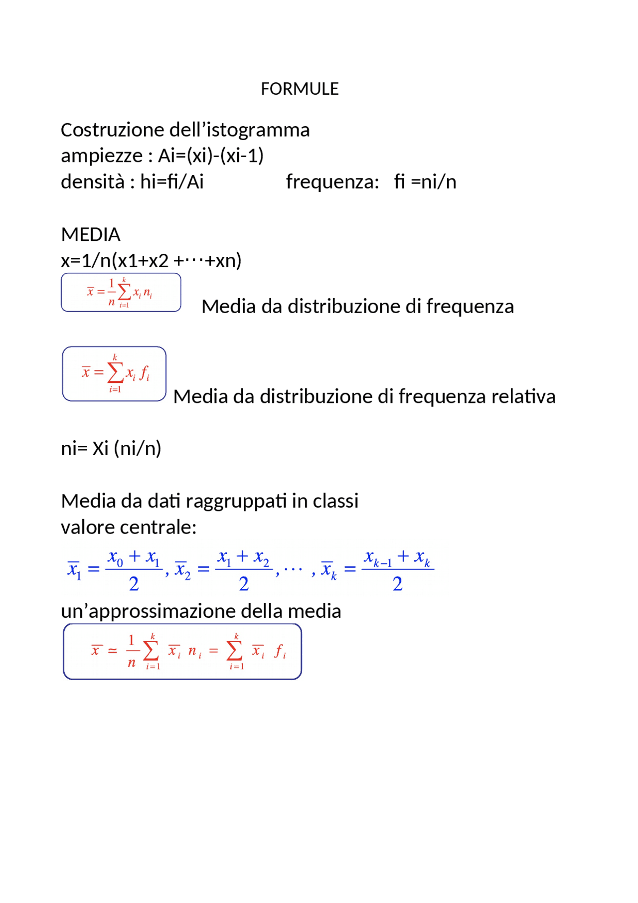 Formule Per Esame Statistica Docsity
