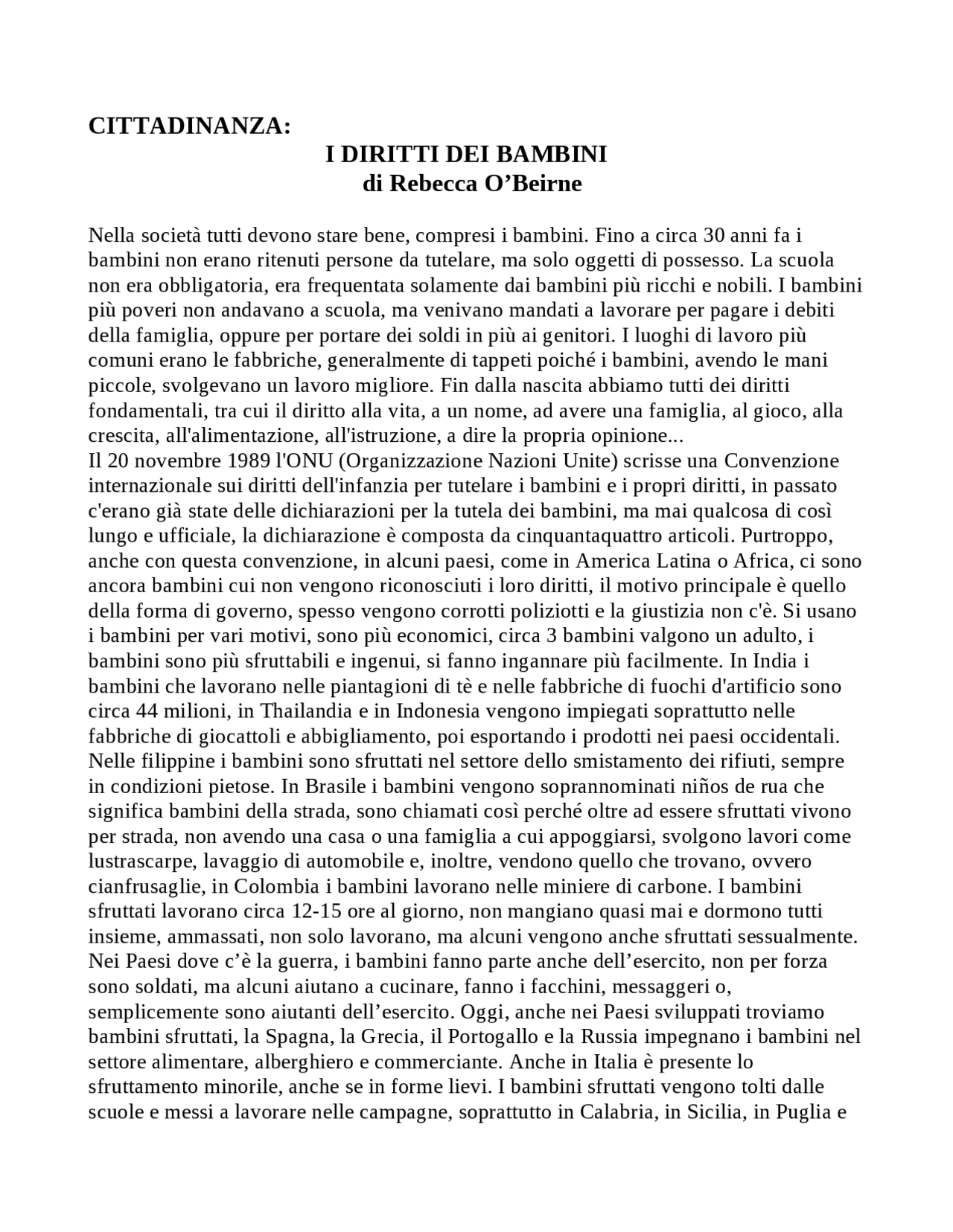 Cittadinanza I Diritti Dei Bambini Docsity