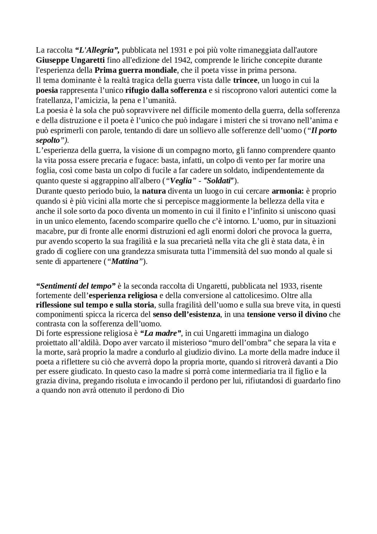 Commenti Opere Di Ungaretti Docsity