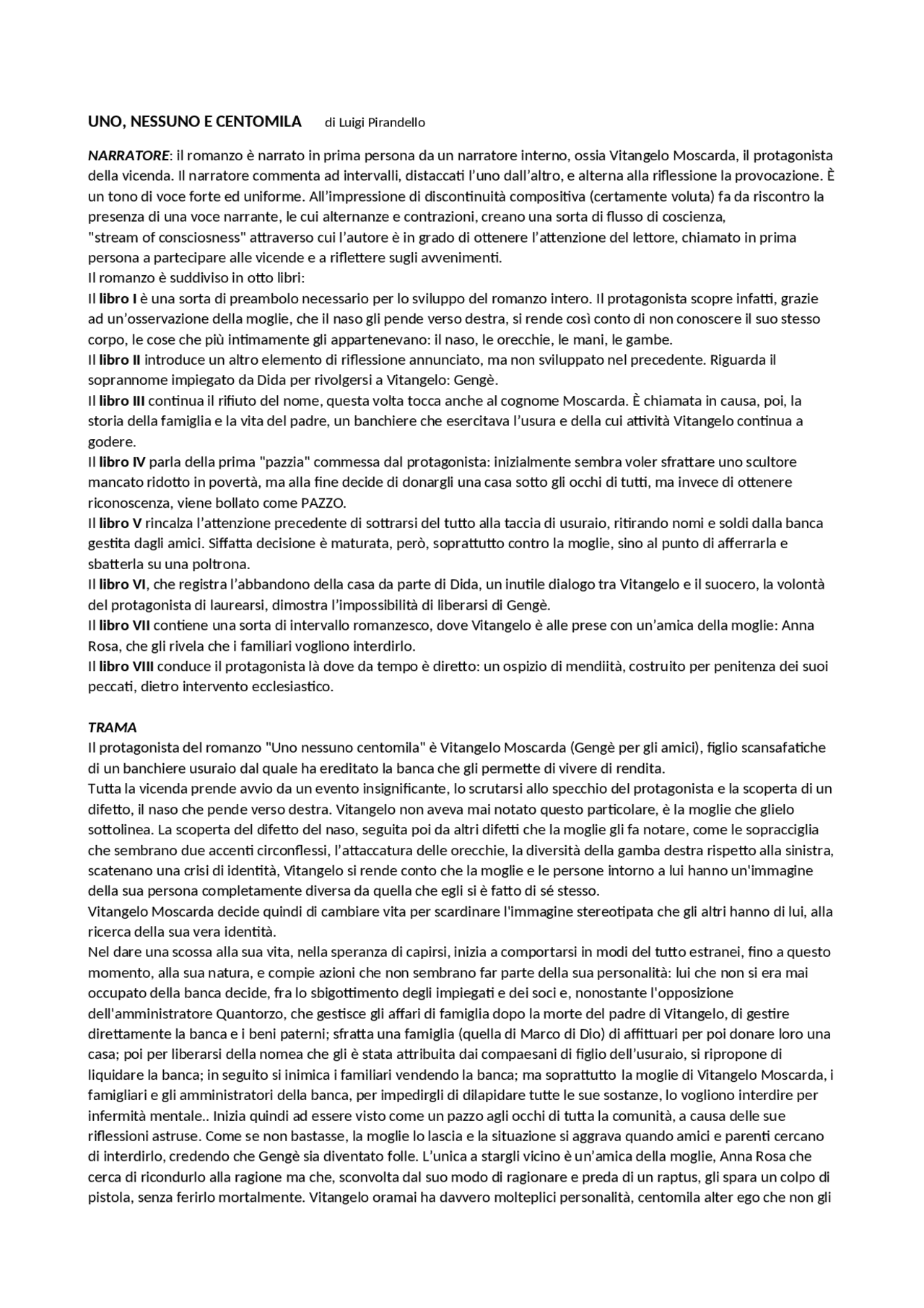 Riassunto Di Uno Nessuno E Centomila Di Luigi Pirandello Docsity