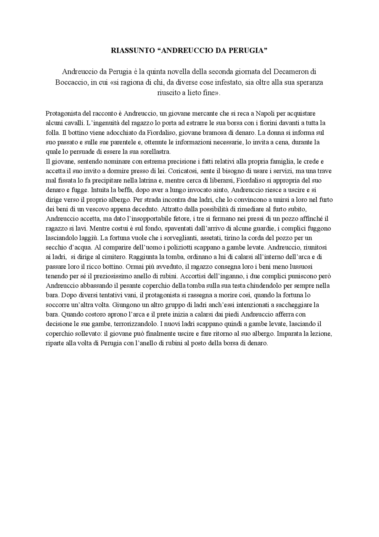RIASSUNTO “ANDREUCCIO DA PERUGIA” - Docsity