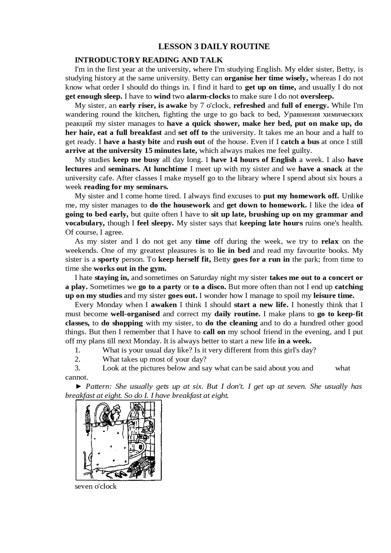 Daily Routine Text And Exercises Docsity