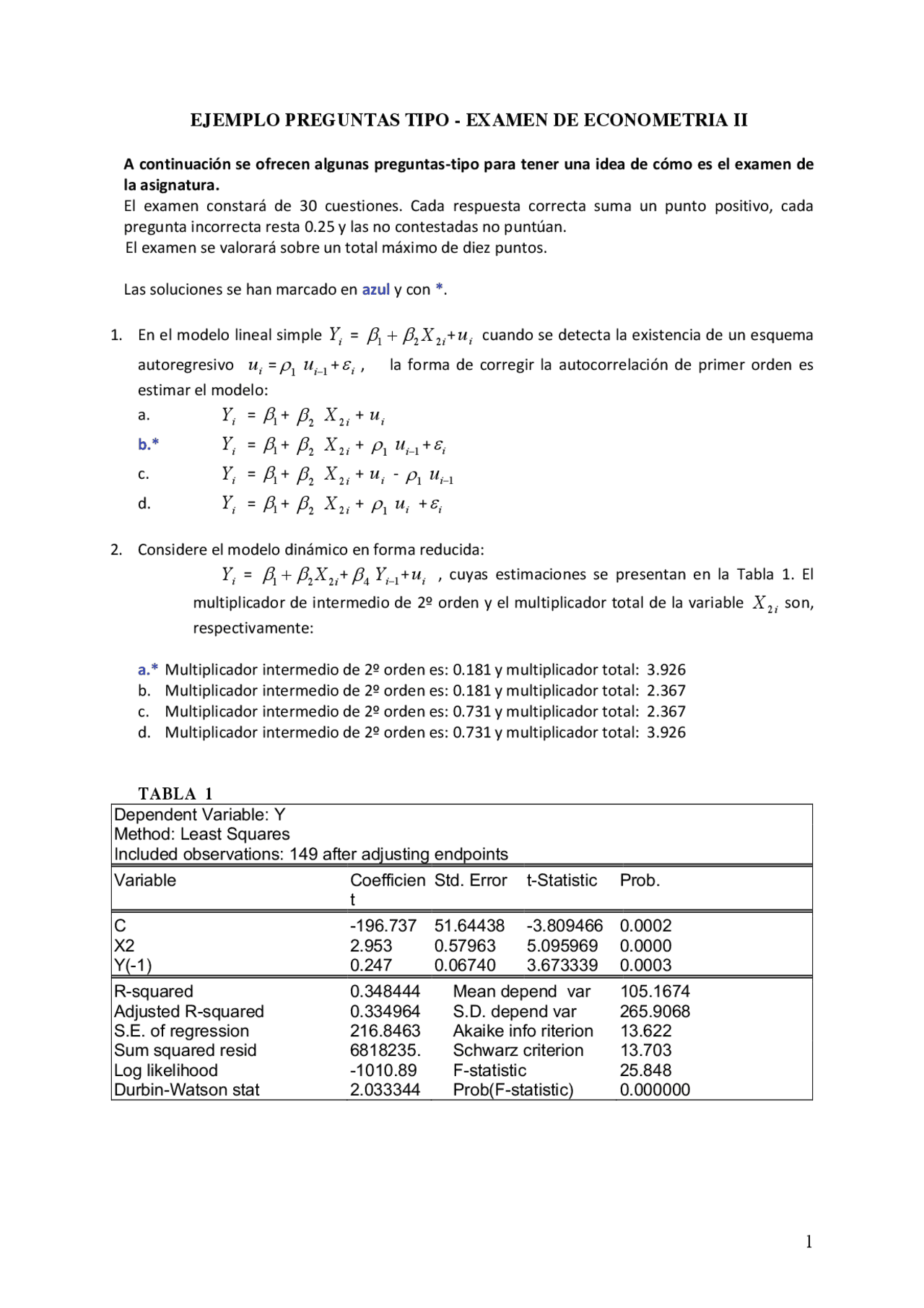 Examen Econometria 2 Resuelto | Exámenes de Econometría | Docsity
