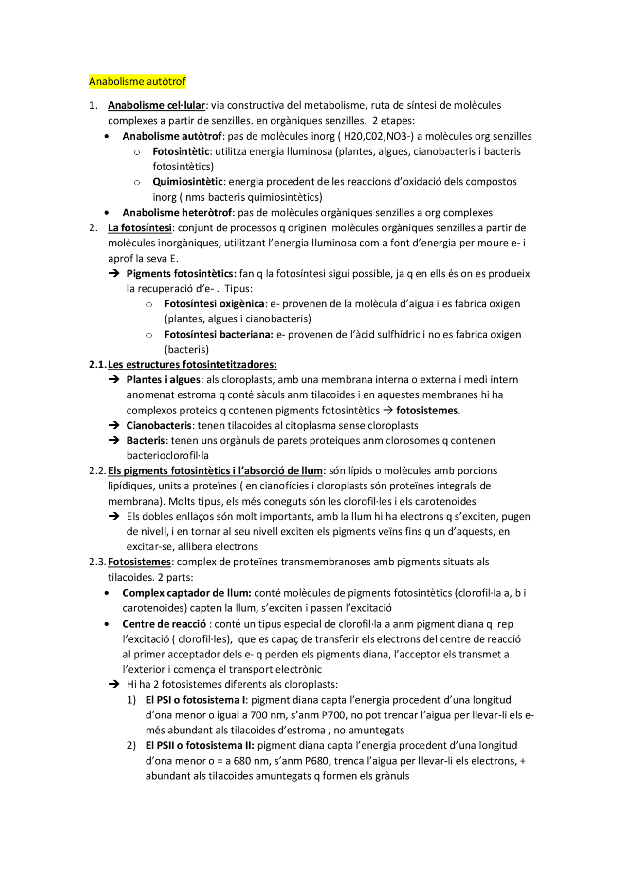 Anabolisme Autòtrof Docsity