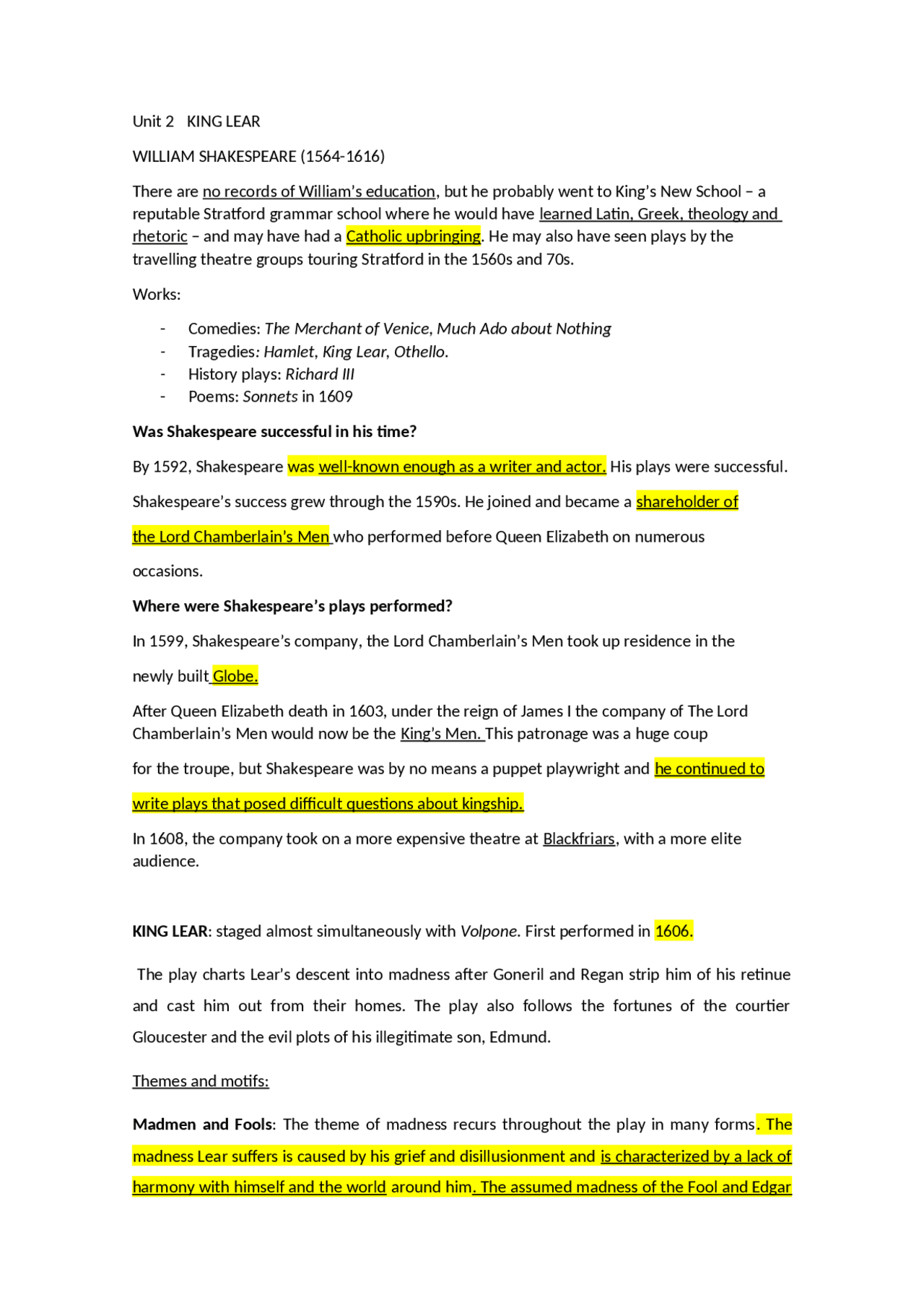 Shakespeare: King Lear - Docsity