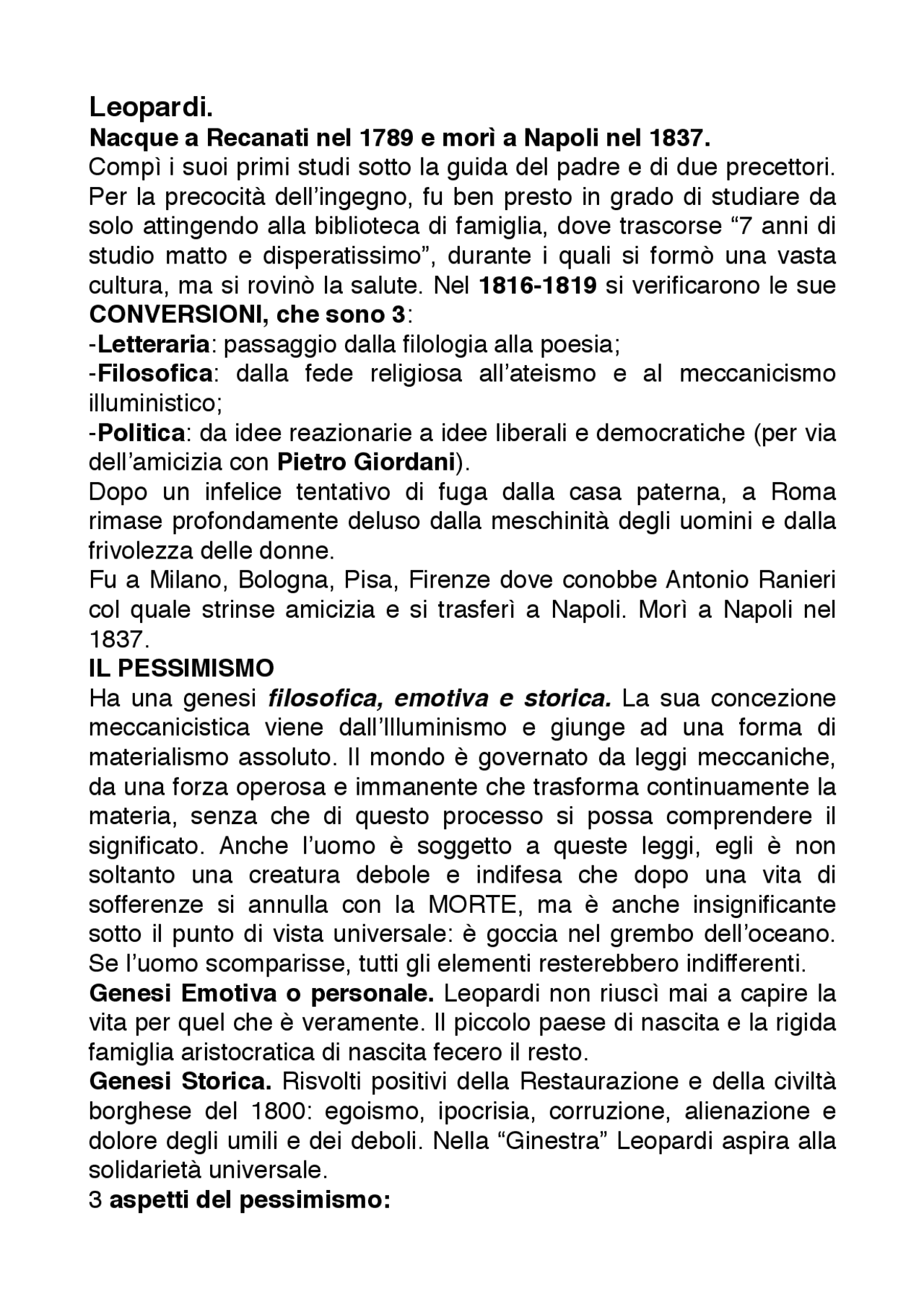 Riassunti Leopardi e Manzoni - Docsity