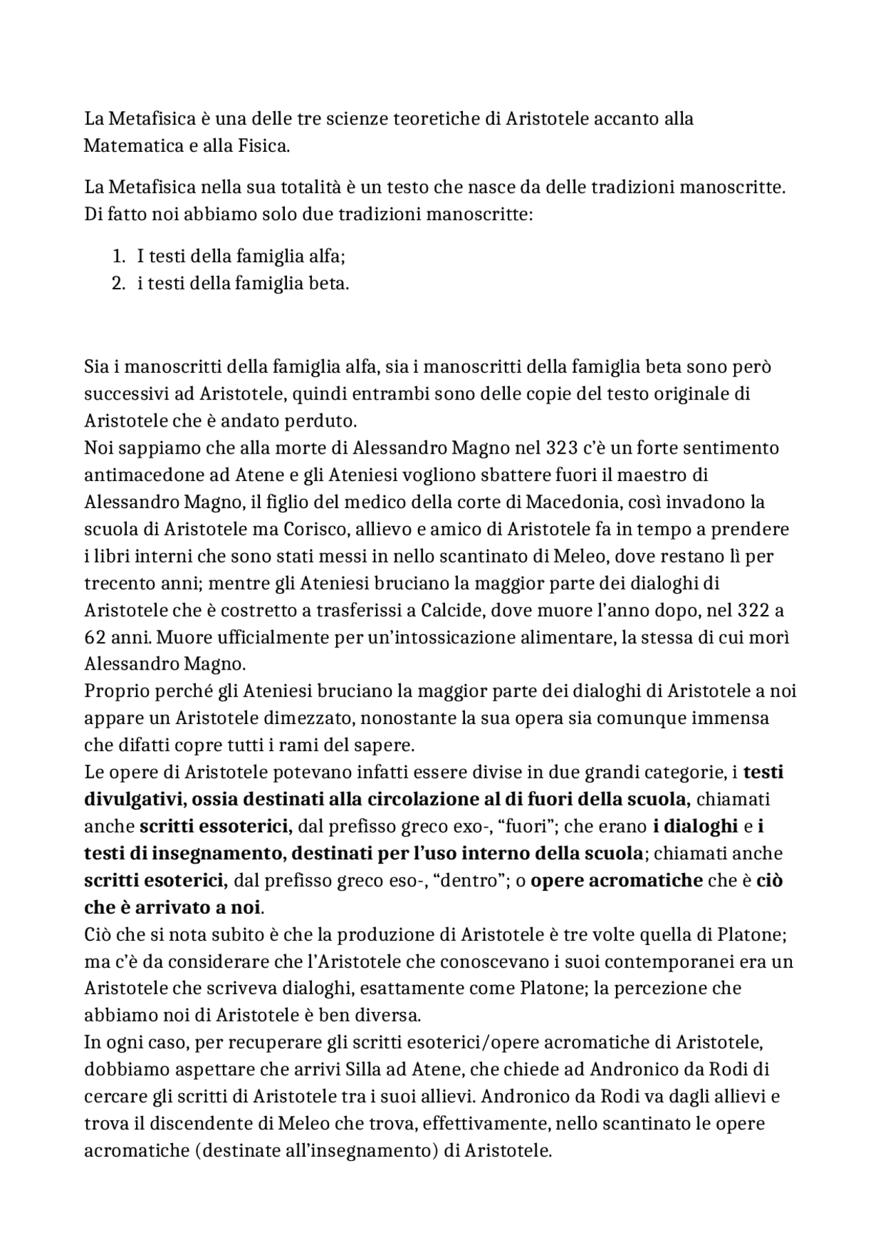 Riassunto La Metafisica Di Aristotele Docsity