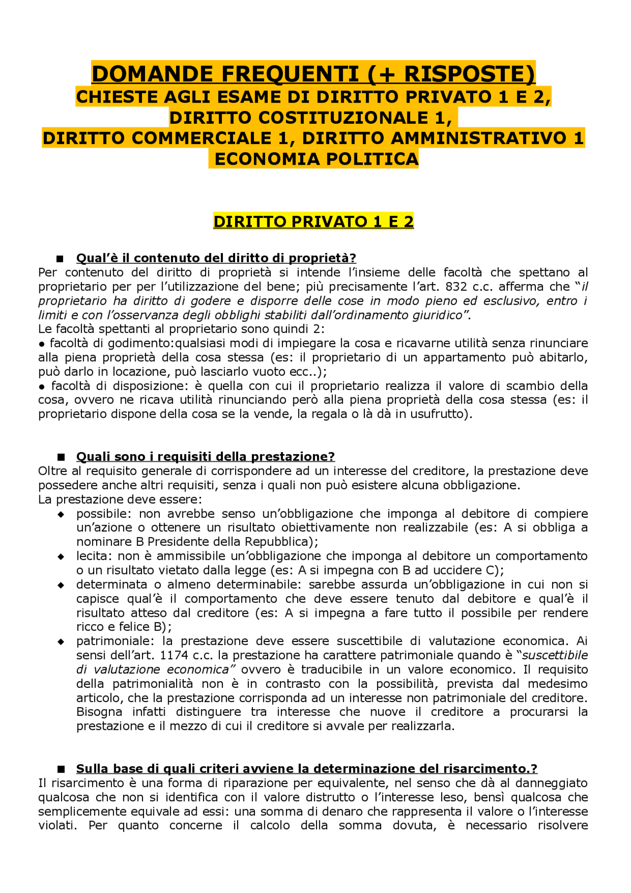 DOMANDE FREQUENTI (+ RISPOSTE) CHIESTE AGLI ESAME DI DIRITTO PRIVATO 1 E 2, DIRITTO ...