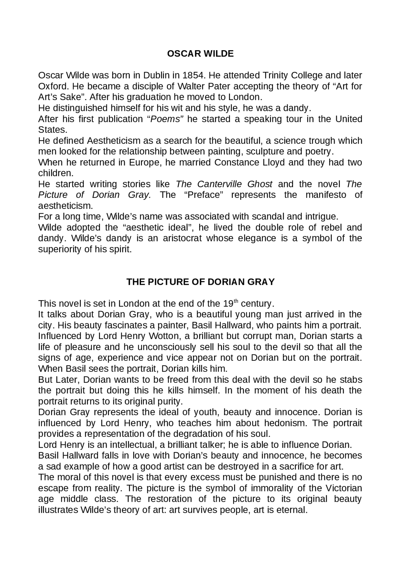 Oscar Wilde And The Picture Of Dorian Gray Docsity