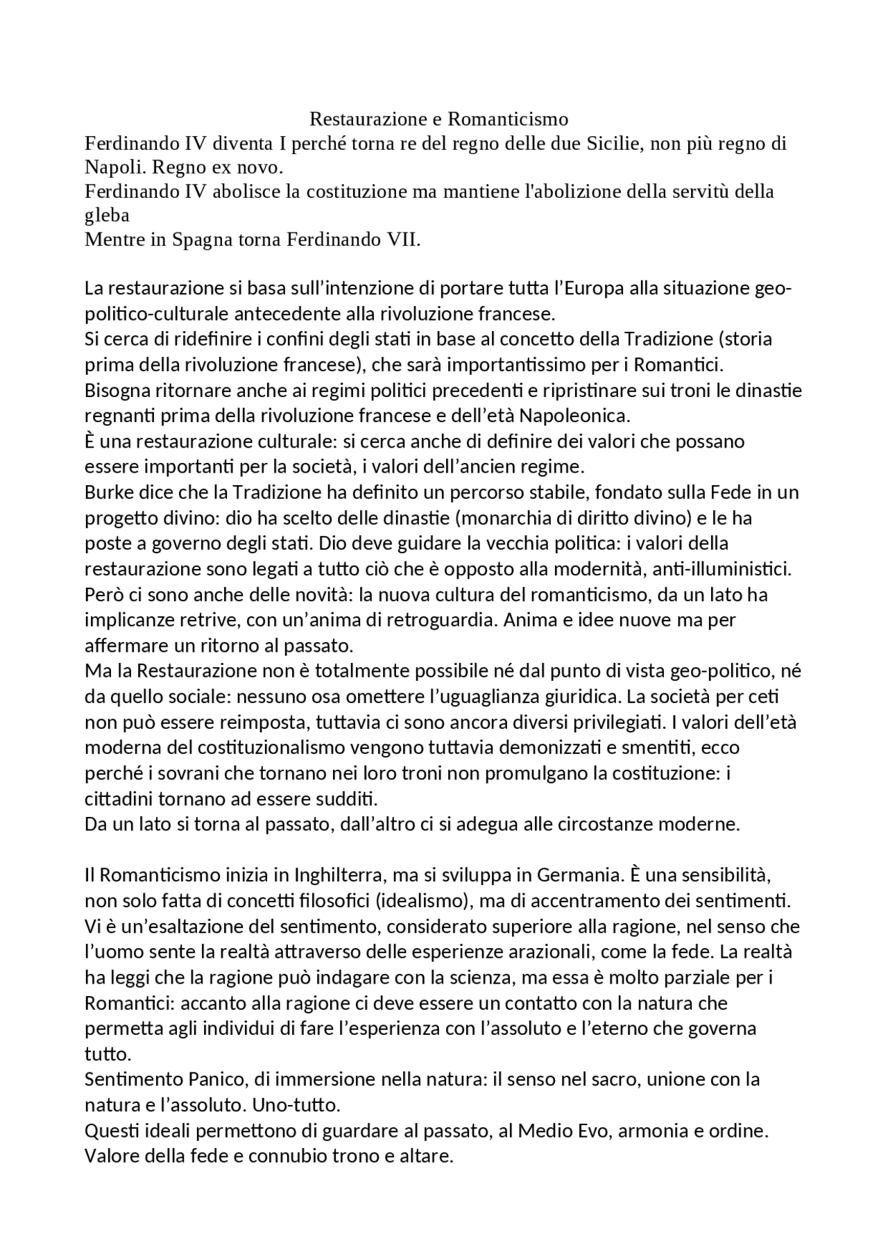 Brevi appunti su Restaurazione e Romanticismo - Docsity