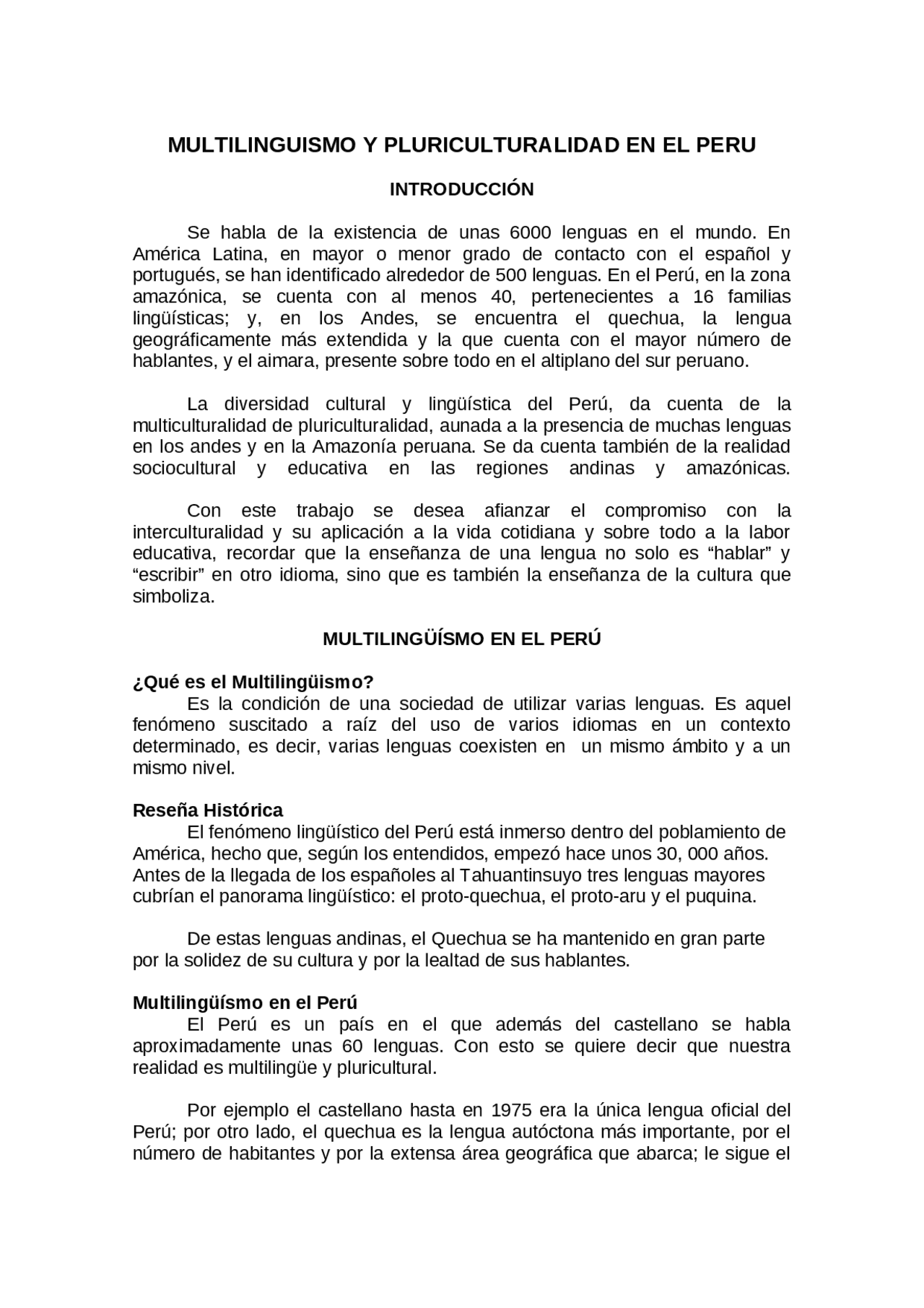 MULTILINGUISMO EN EL PERU - Docsity