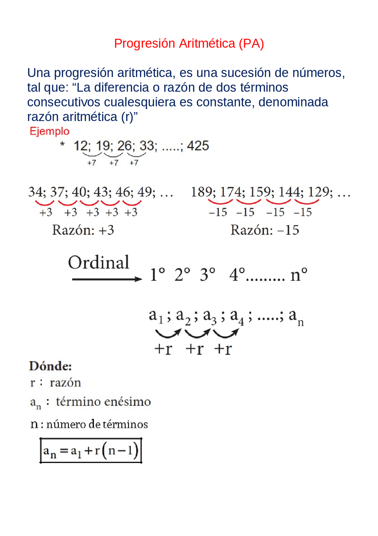 Progresiones aritmeticas | Ejercicios de Matemáticas - Docsity