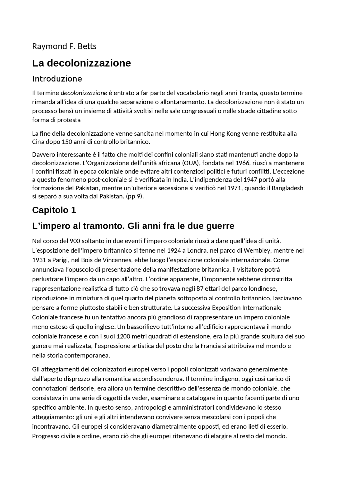 La Decolonizzazione Betts Docsity