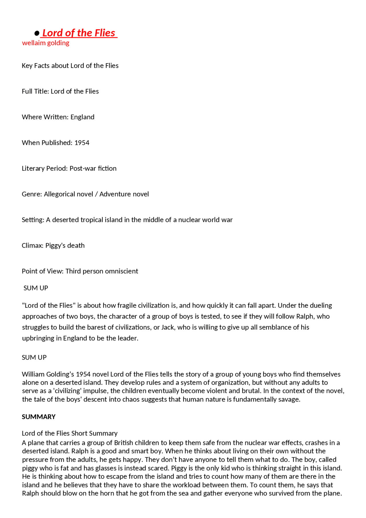 Lord of the flies by William golding - Docsity