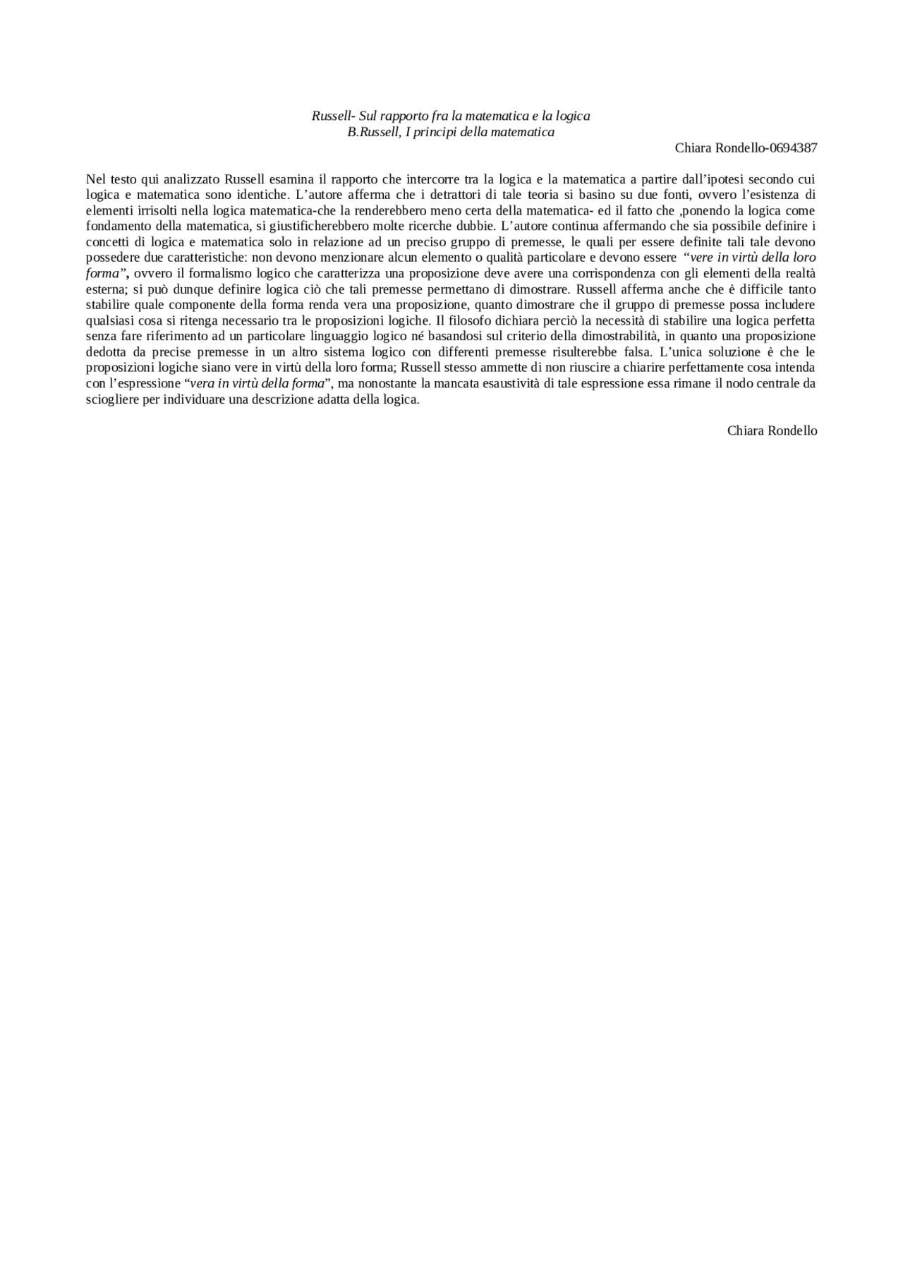 Russell- il rapporto tra logica e matematica - Docsity