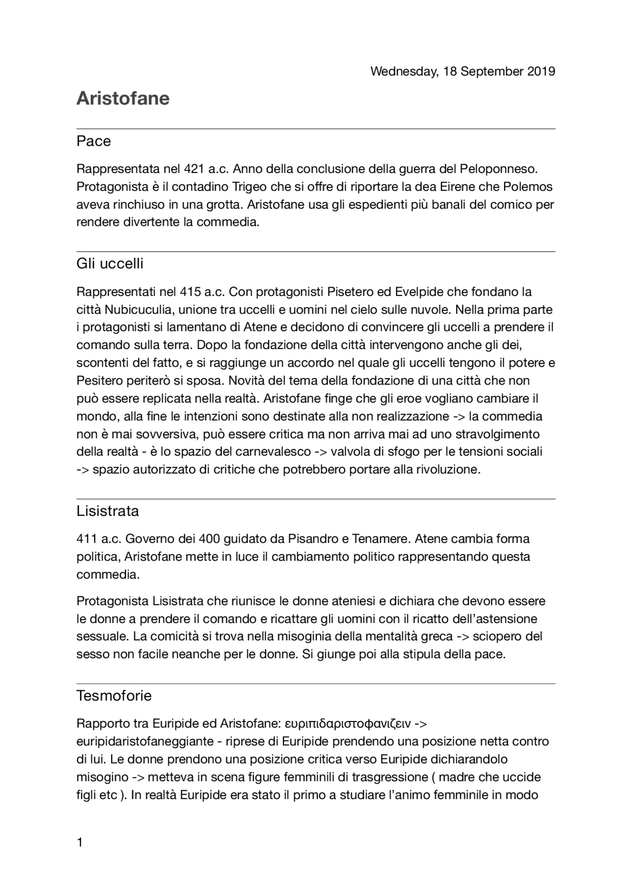 La Commedia Di Aristofane Con Riassunto Delle Sue Opere Docsity